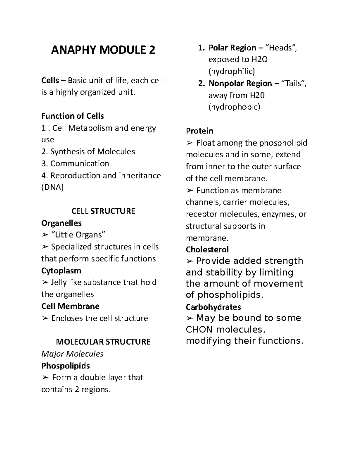 Anaphy Module 2 - ANAPHY MODULE 2 Cells – Basic unit of life, each cell ...