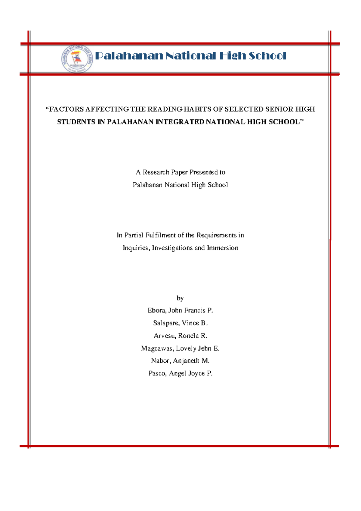 Anjaneth - Thesis - “FACTORS AFFECTING THE READING HABITS OF SELECTED ...