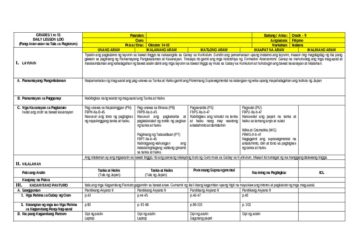 DLL Filipino 9 2ngd Grading (Topic 1) - GRADES 1 to 12 DAILY LESSON LOG (Pang-Araw-araw na Tala ...