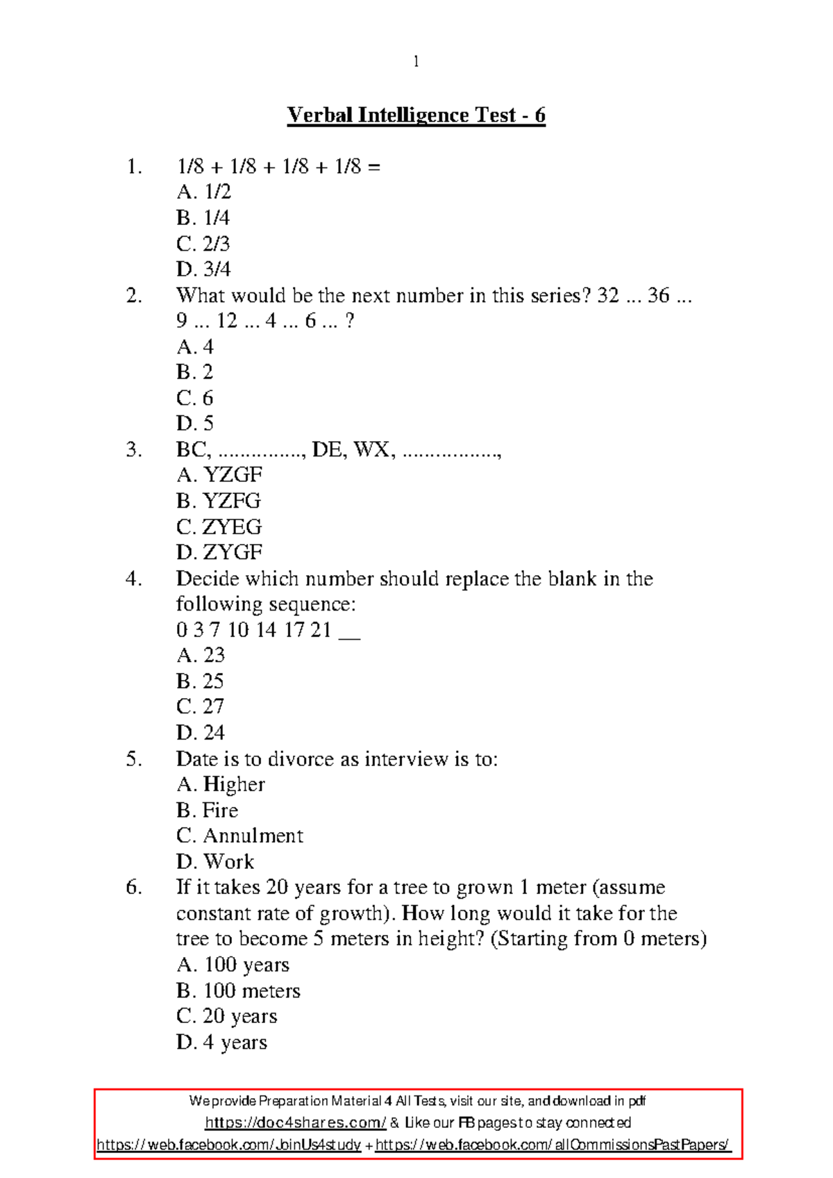CS101 Notes handouts - Verbal Intelligence Test - 6 1/8 + 1/8 + 1/8 + 1 ...