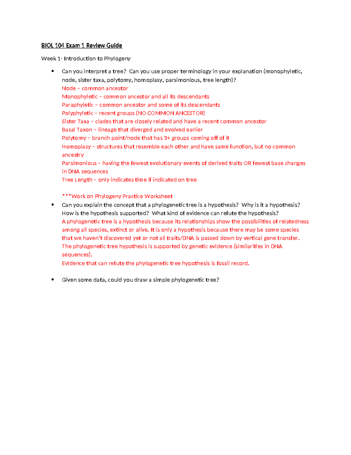 BIOL 104 Exam 1 Review Guide Sp24 - BIOL 104 Exam 1 Review Guide Week 1- Introduction to ...