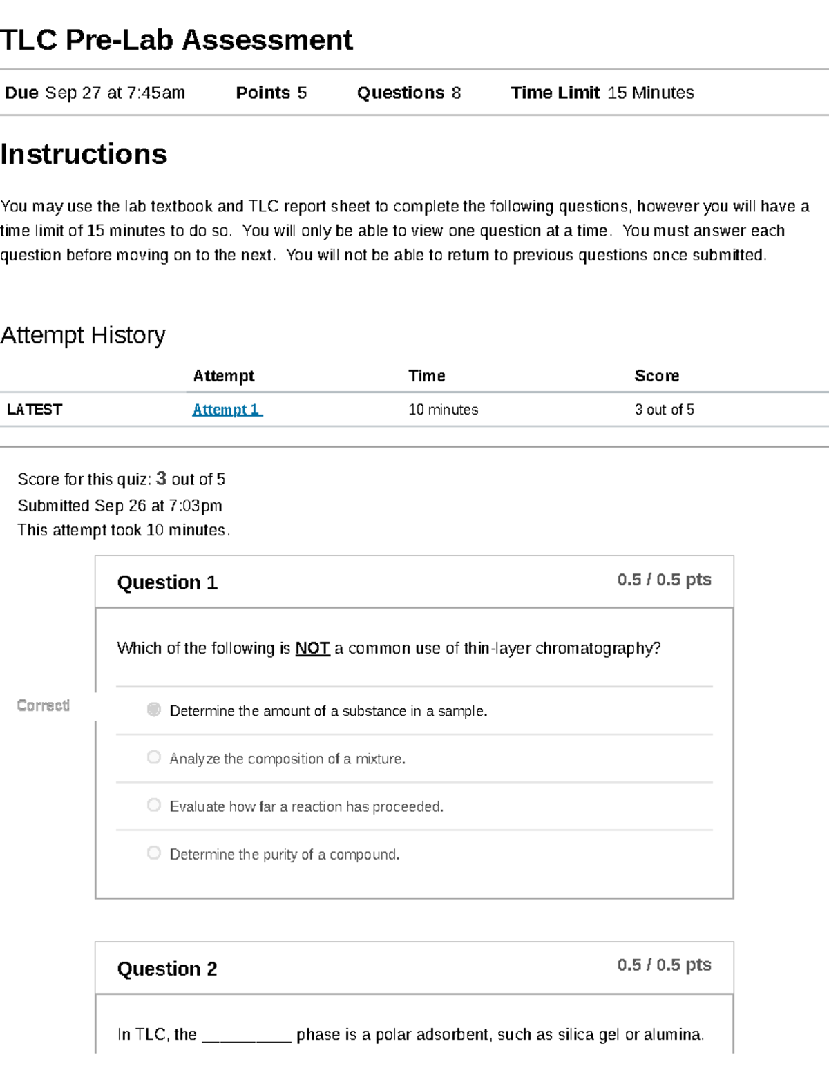 TLC Pre-Lab Assessment - You may use the lab textbook and TLC report ...