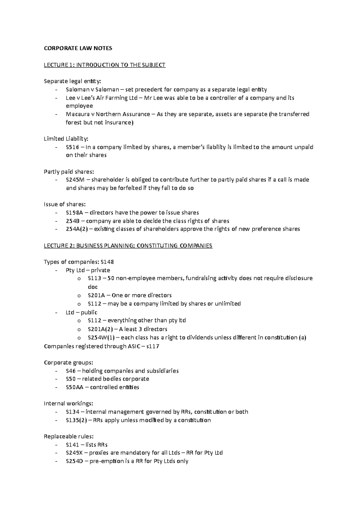 Corporate LAW Notes - CORPORATE LAW NOTES LECTURE 1: INTRODUCTION TO ...