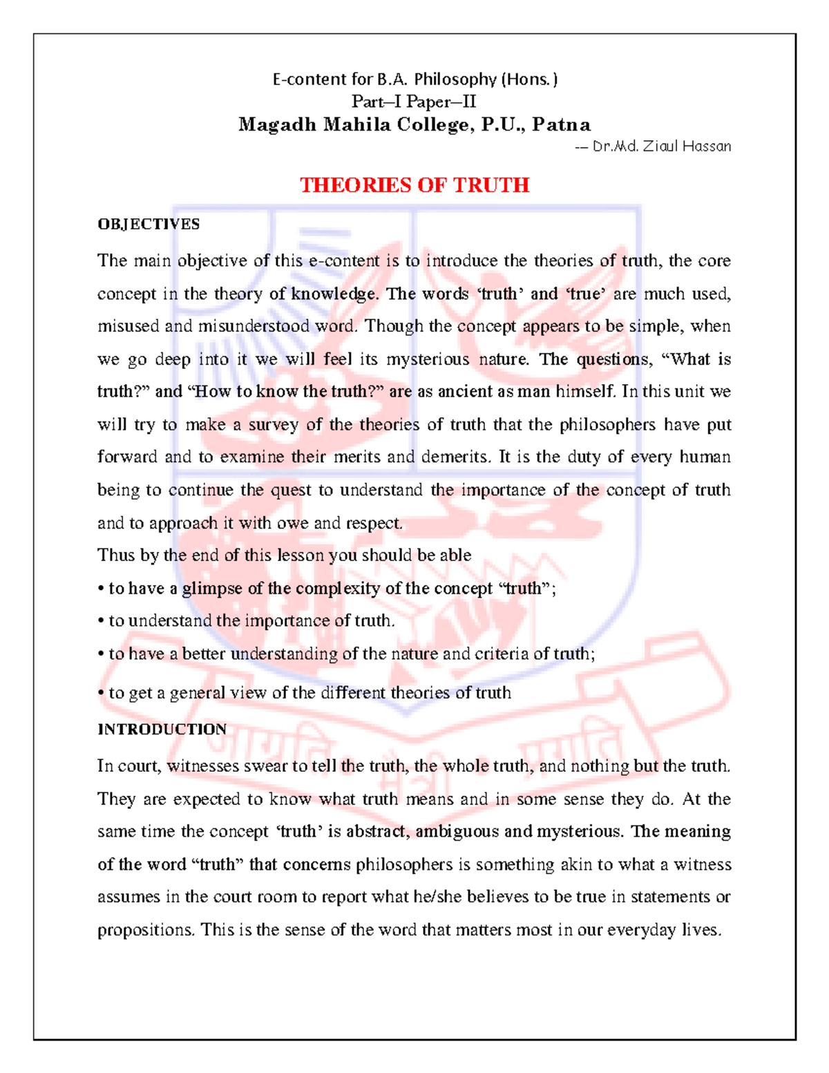 3 - this document composed the 3 main theories of truth - E-content for ...