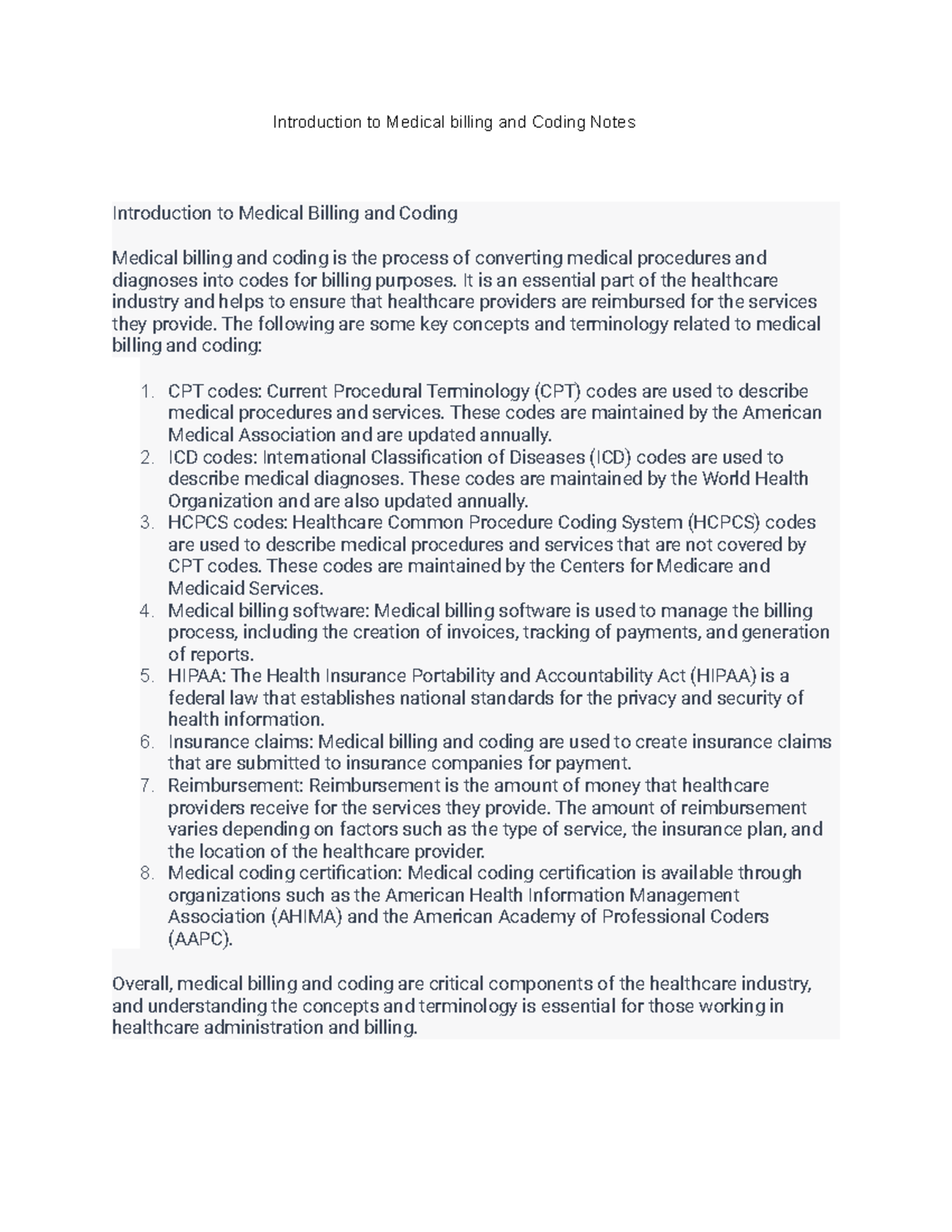 Untitled document - lecture notes - Introduction to Medical billing and ...