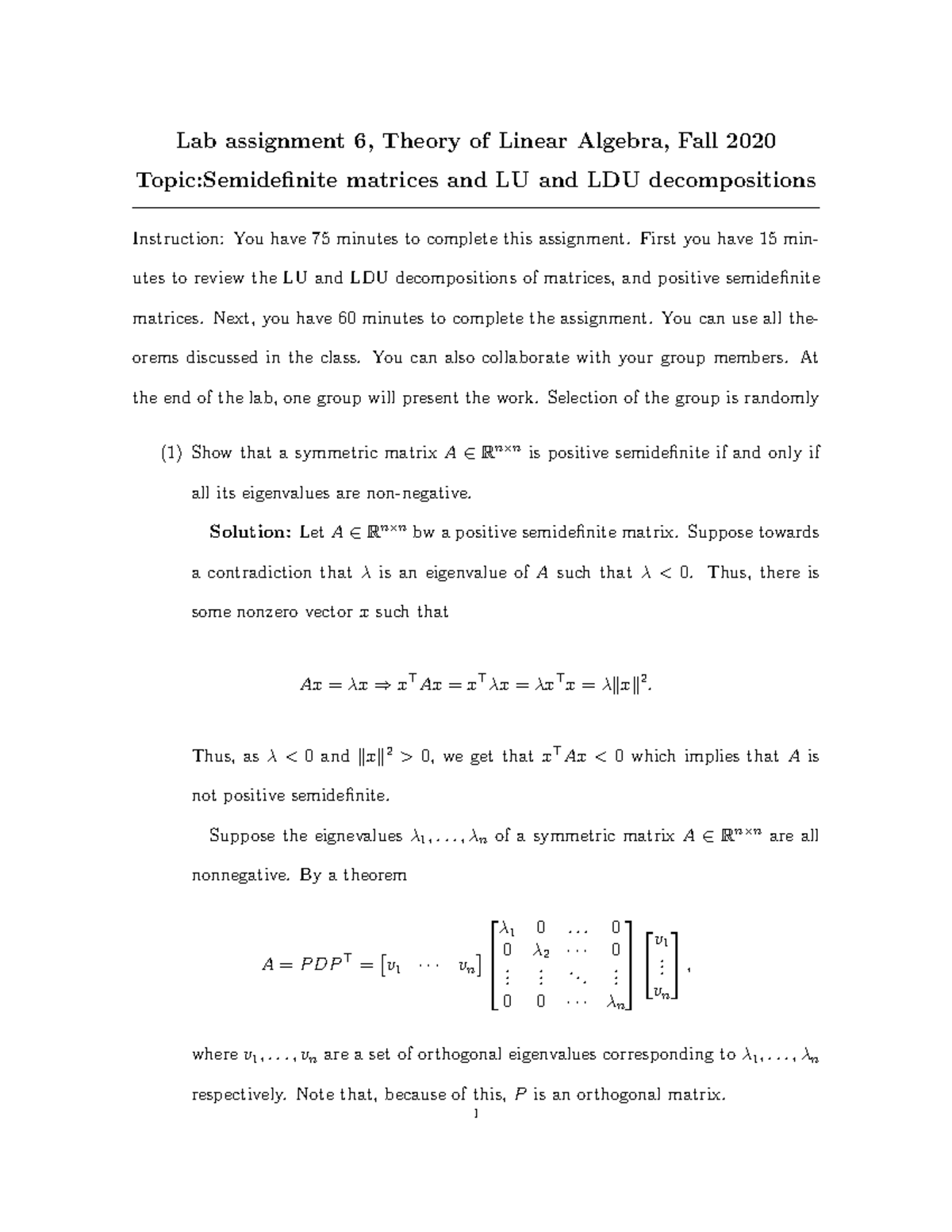 Lab6 - Semidefinite matrices and LU and LDU decompositions - Lab assignment 6, Theory of Linear ...