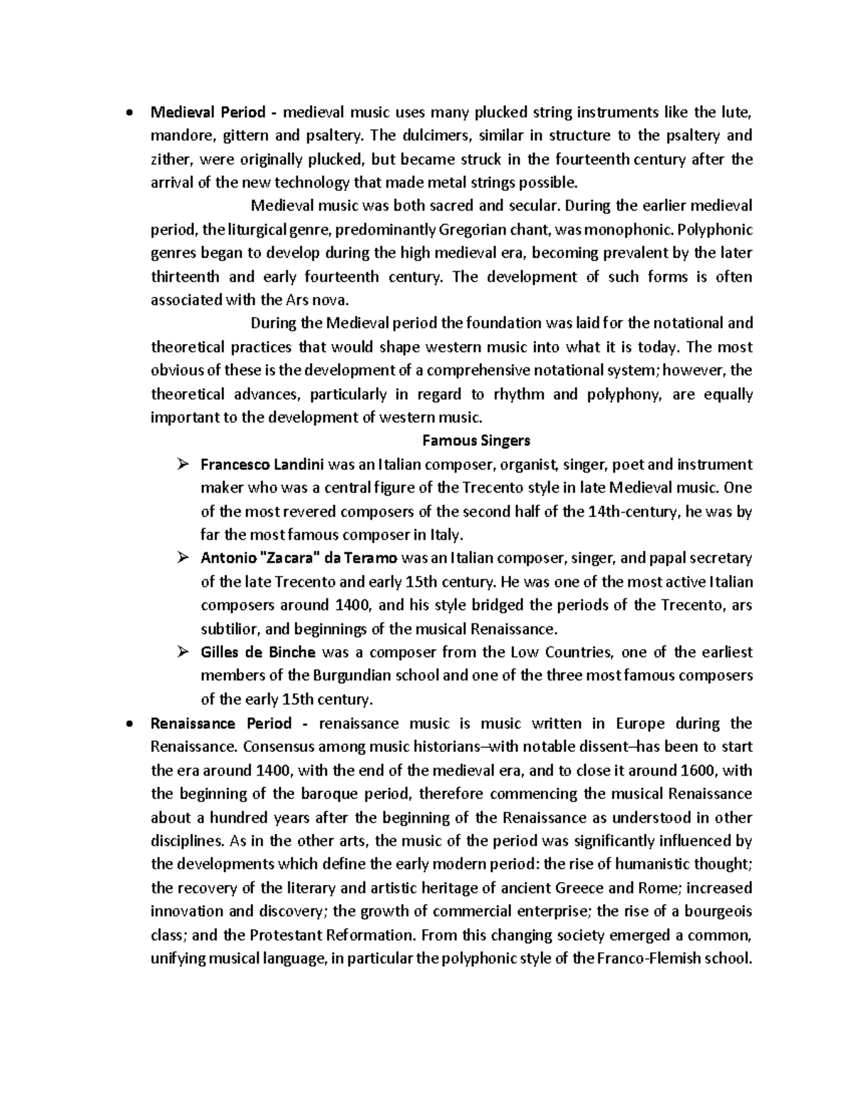 Artap- Notes - Medieval Period - medieval music uses many plucked ...