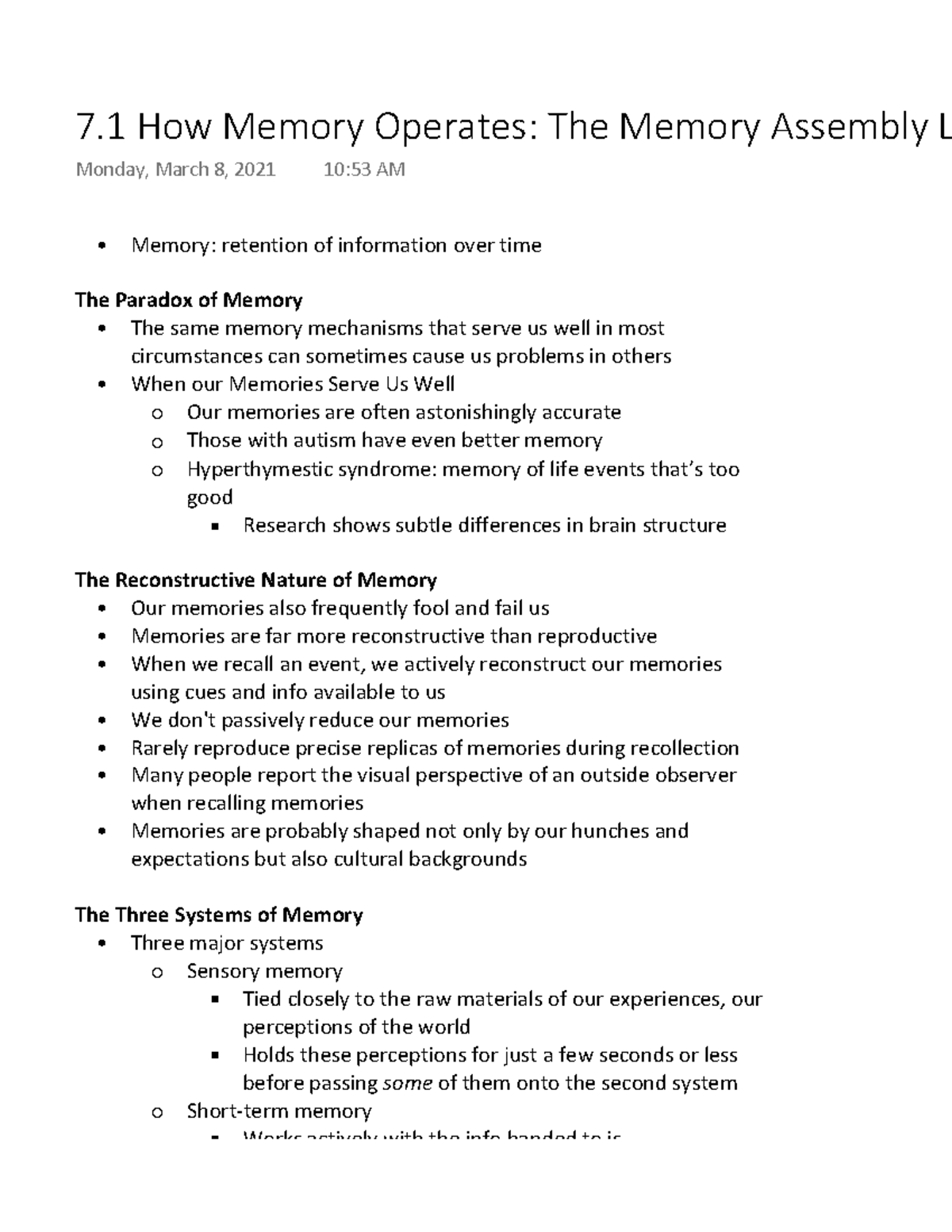 7.1 How Memory Operates The Memory Assembly Line - Memory: retention of ...