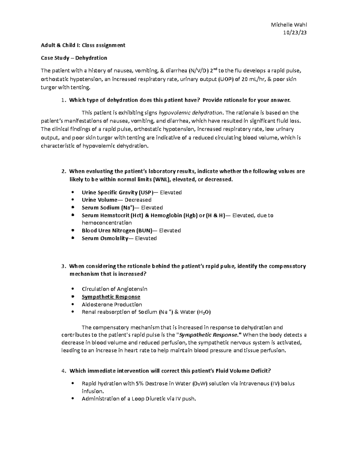 F and E Case Study dehydration - Michelle Wahl 10/23/ Adult & Child I ...