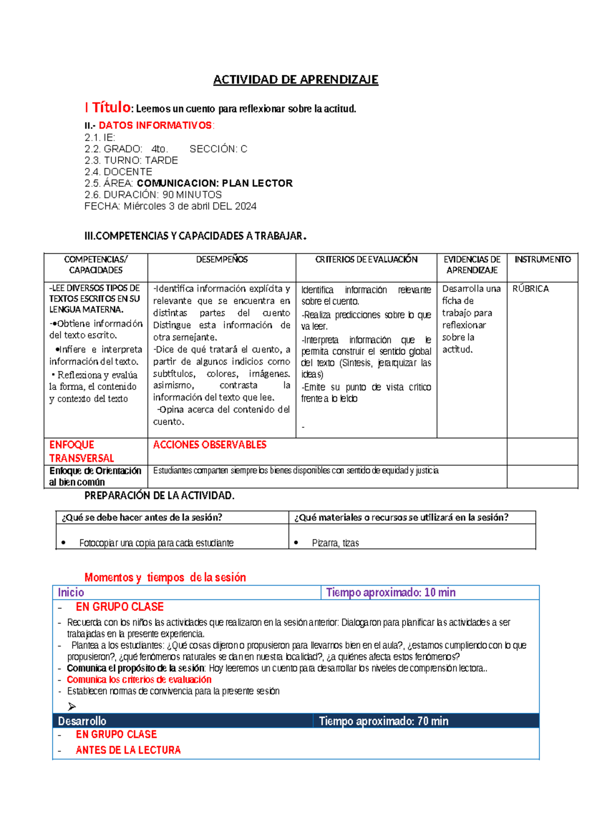 Actividad DE Aprendizaje-3 Abril-PLAN Lector - ACTIVIDAD DE APRENDIZAJE I Título: Leemos un ...