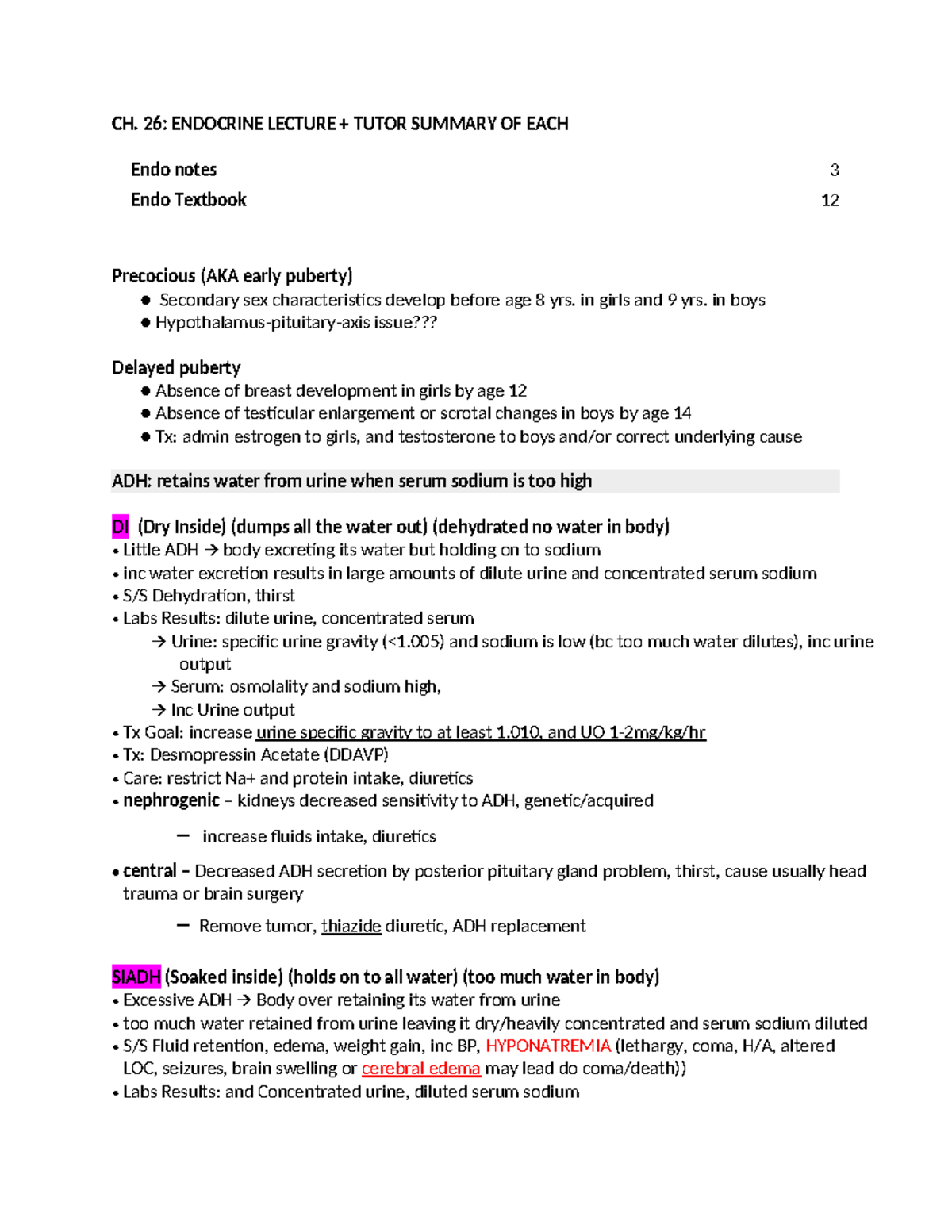 My notes Endocrine - Everything needed to know for Peds exams - CH. 26 ...