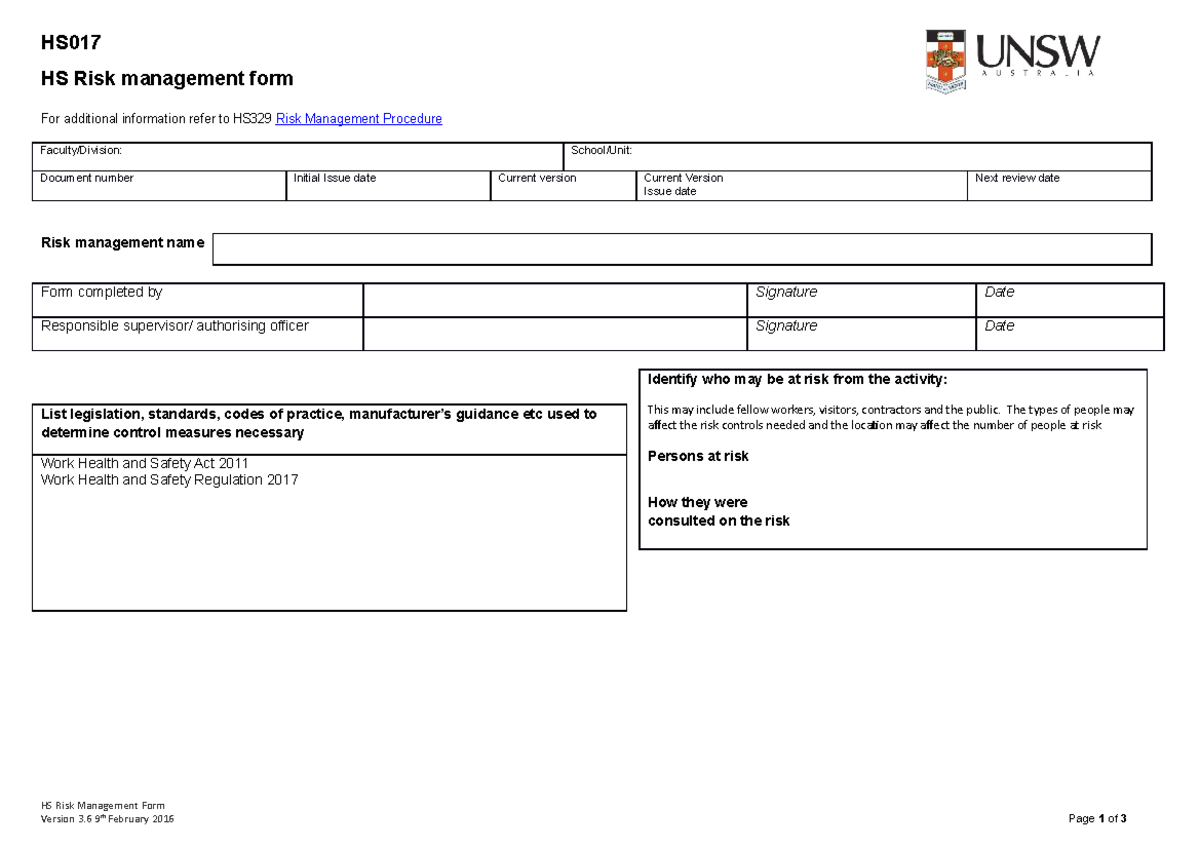 Risk Management Form Template - HS017 HS Risk management form For ...