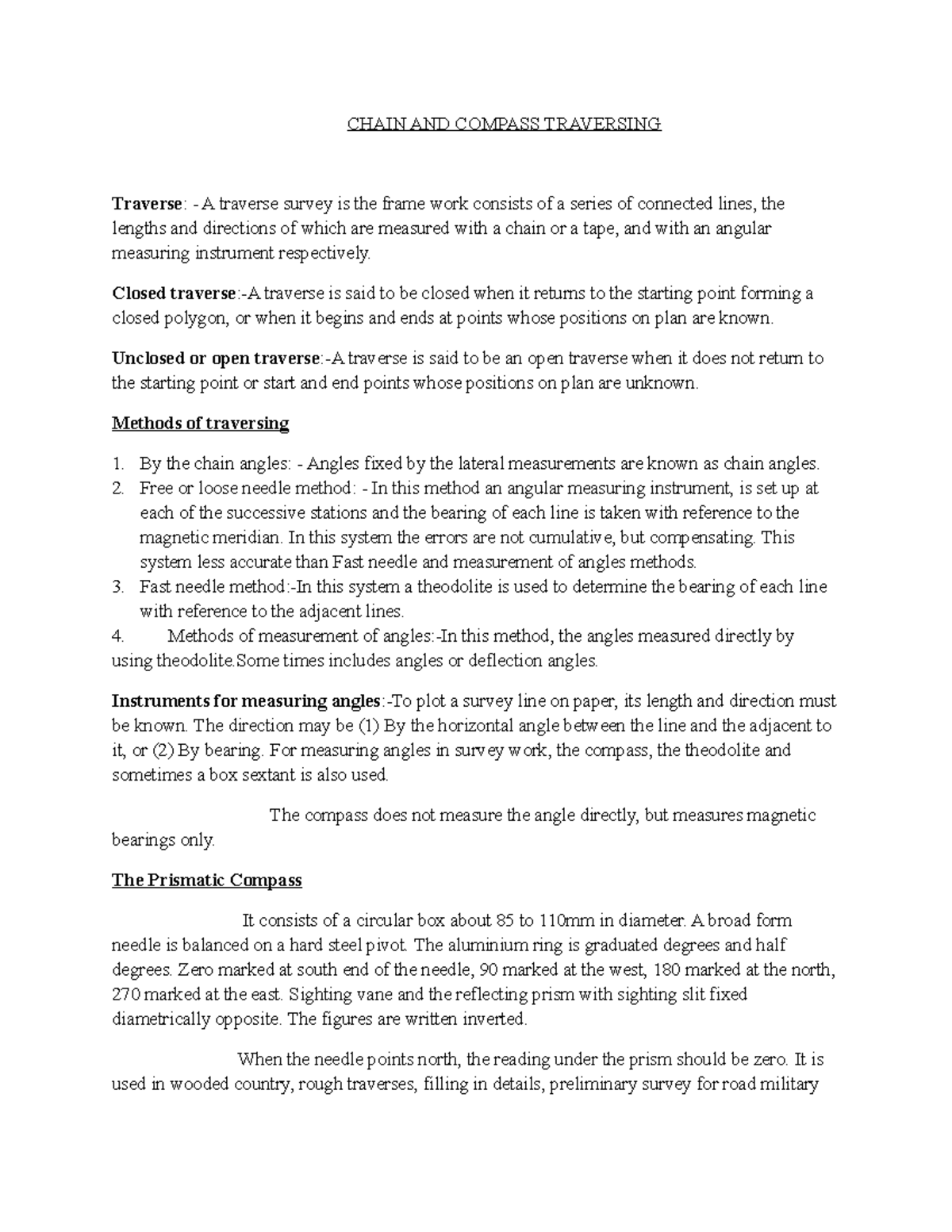 Compass survey - CHAIN AND COMPASS TRAVERSING Traverse : - A traverse ...