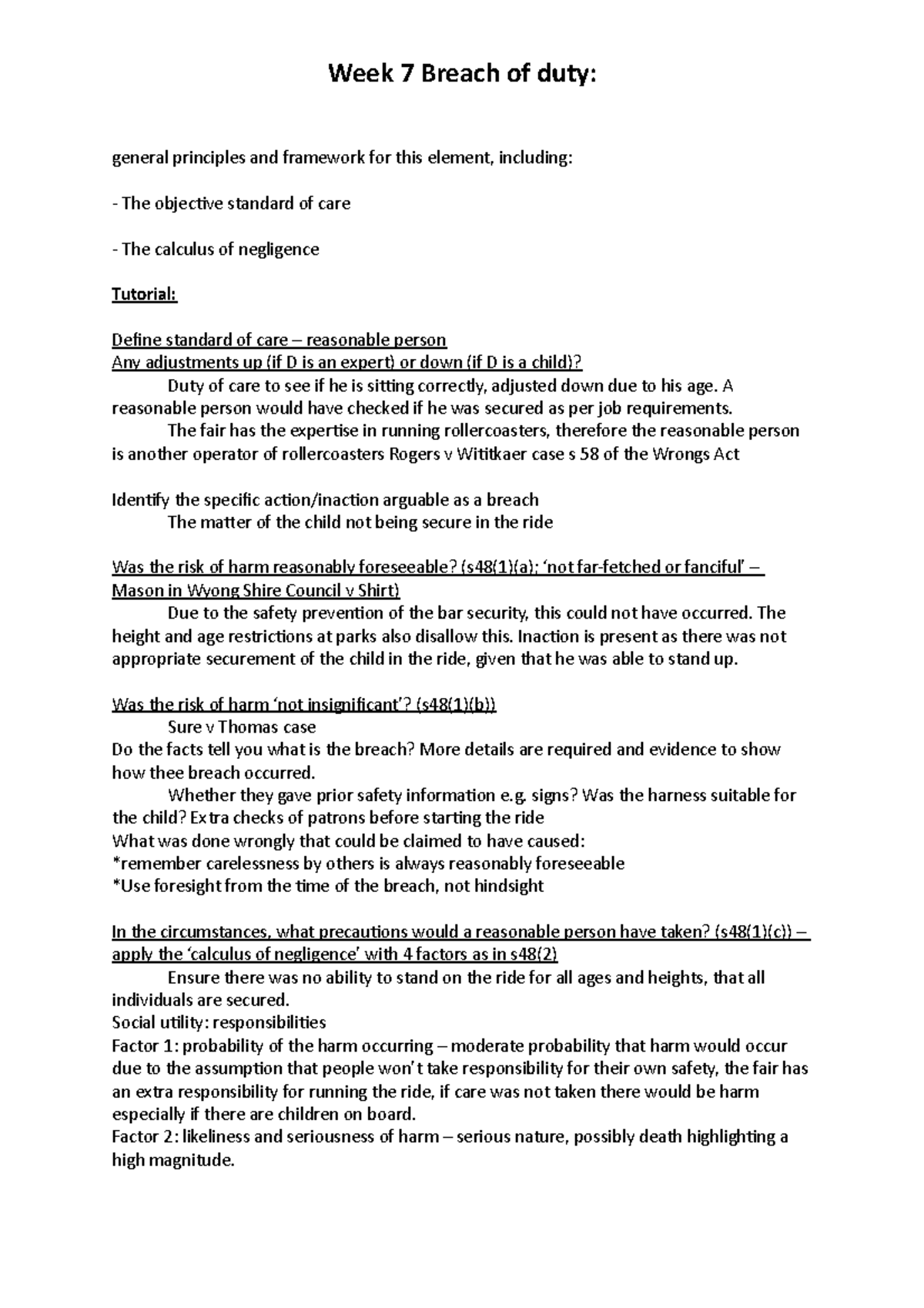 Week 7 Breach Of Duty General Principles And Framework For This