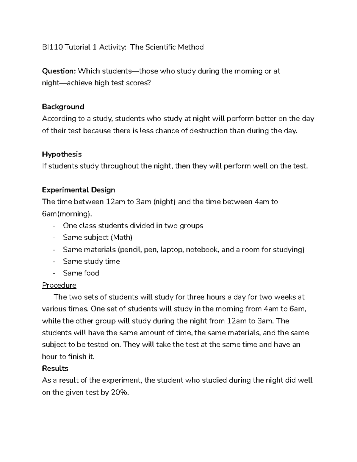 BI110 Tutorial 1 Activity The Scientific Method - Hypothesis If ...