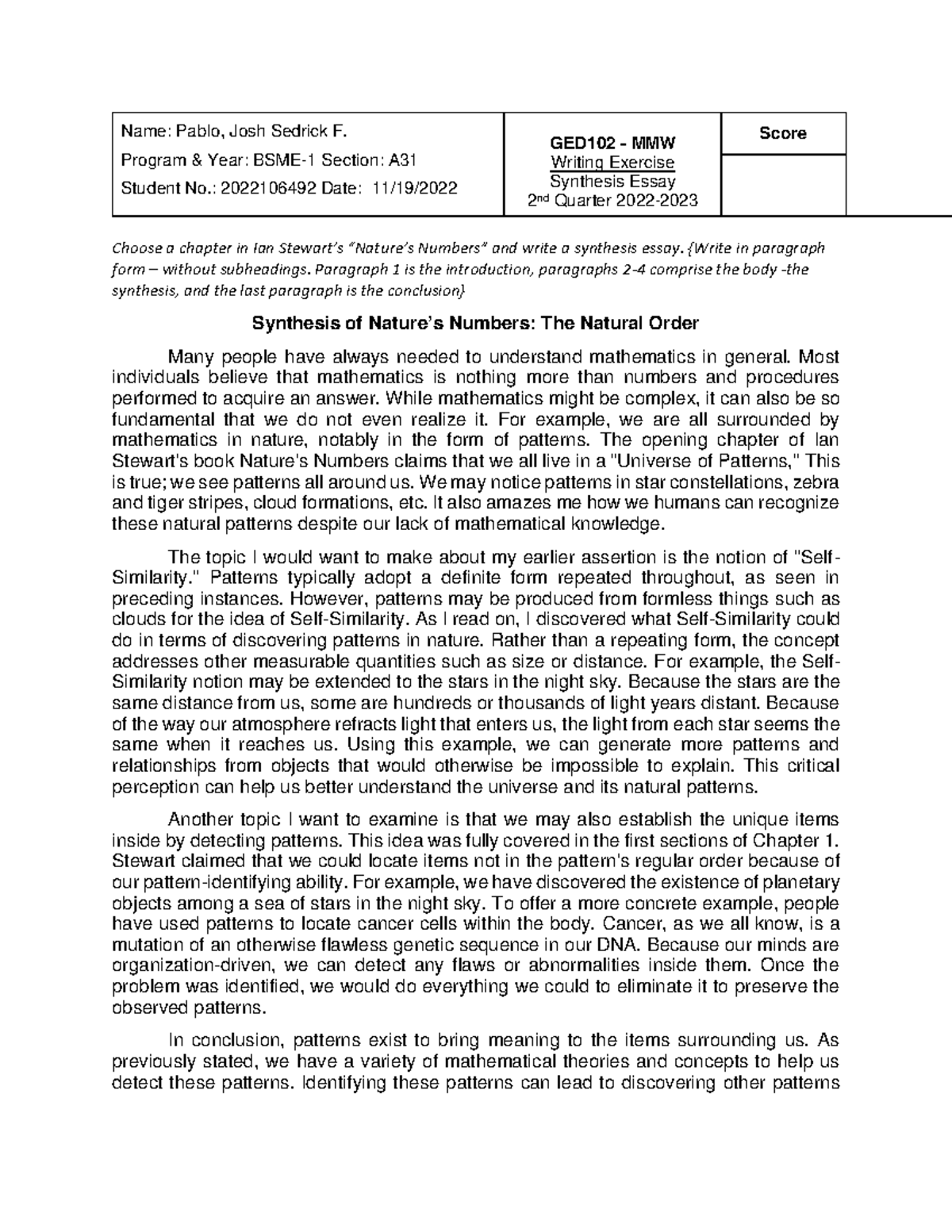Synthesis-Paper GED102 - Name: Pablo, Josh Sedrick F. Program & Year ...