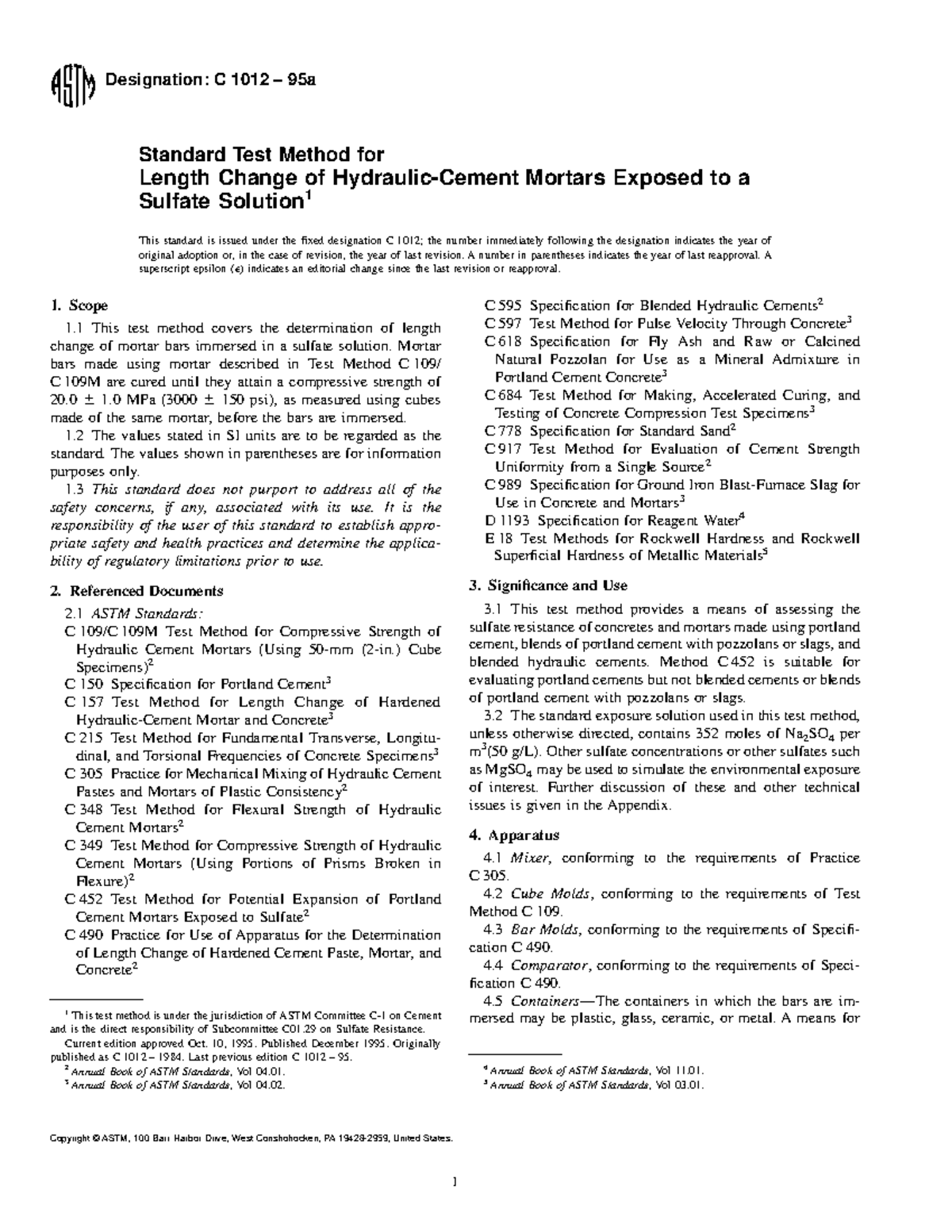 ASTM C1012 code for sulphate attack - Designation: C 1012 – 95a ...