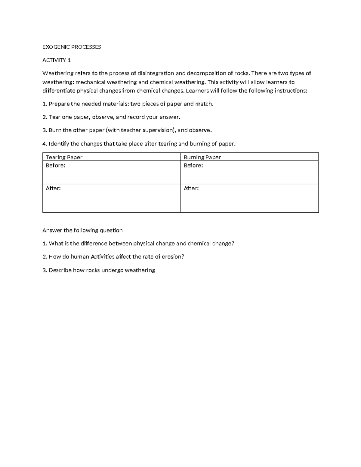 Exogenic Processes - STEM - EXOGENIC PROCESSES ACTIVITY 1 Weathering ...
