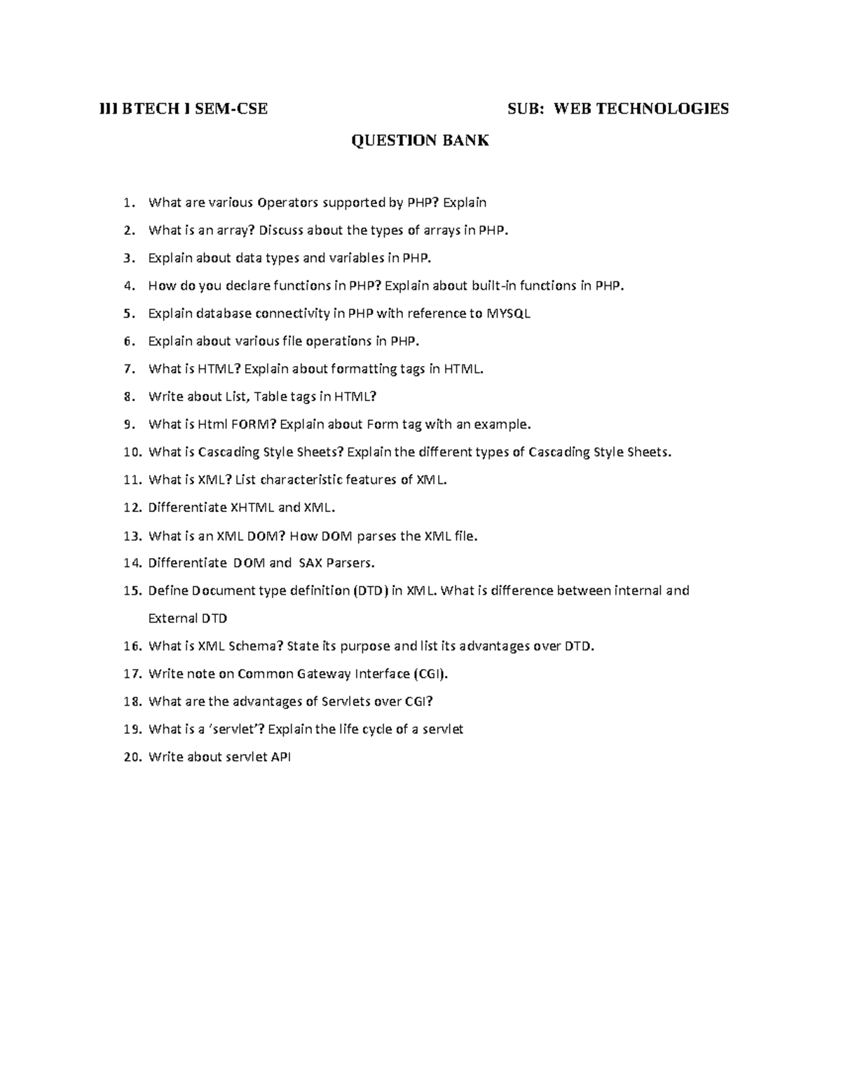 WT Question Bank MId-1 - buo - III BTECH I SEM-CSE SUB: WEB TECHNOLOGIES QUESTION BANK What are ...