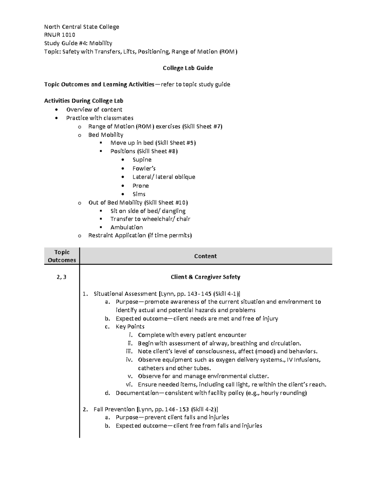 Study Guide: Safety with Transfers Lifts Positioning Range of Motion ...