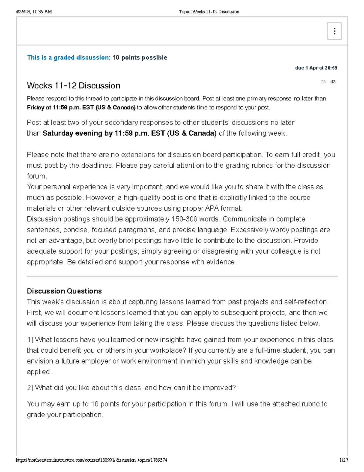 Topic Weeks 11-12 Discussion - This is a graded discussion: 10 points ...