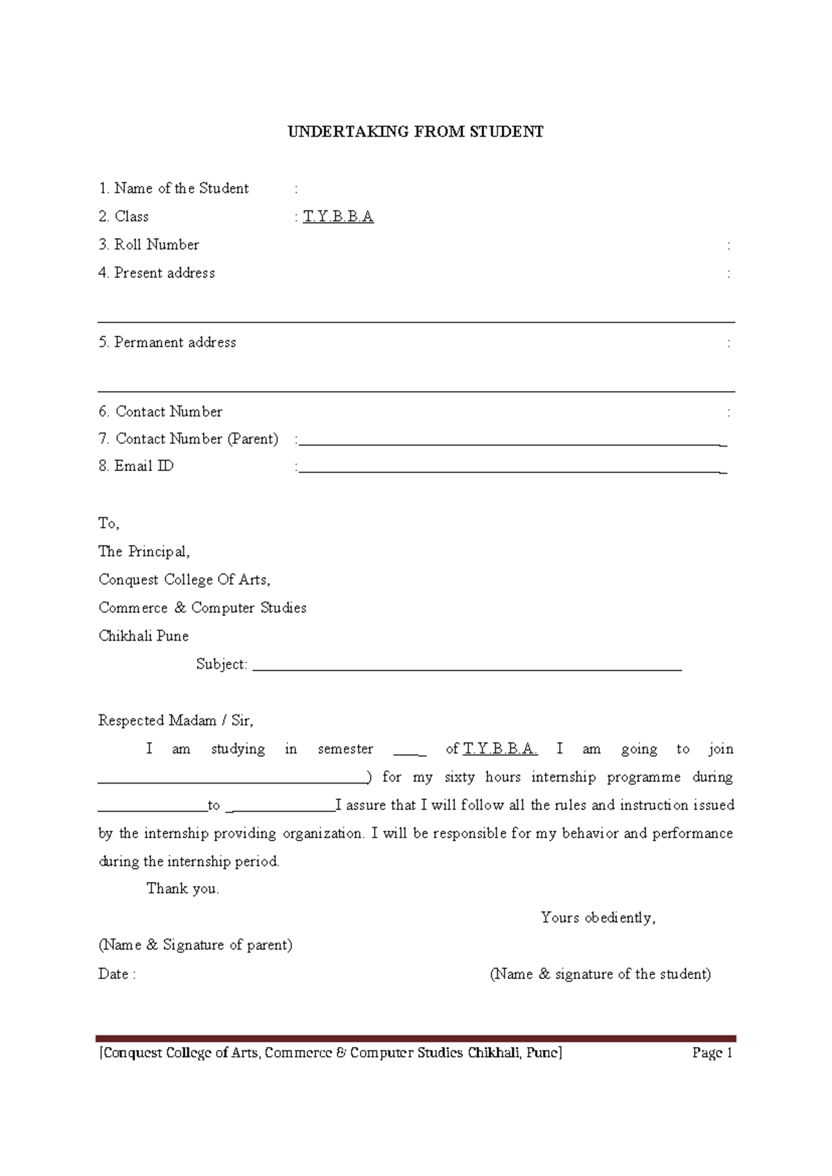 Internship Programme BBA pdf - UNDERTAKING FROM STUDENT 1. Name of the ...