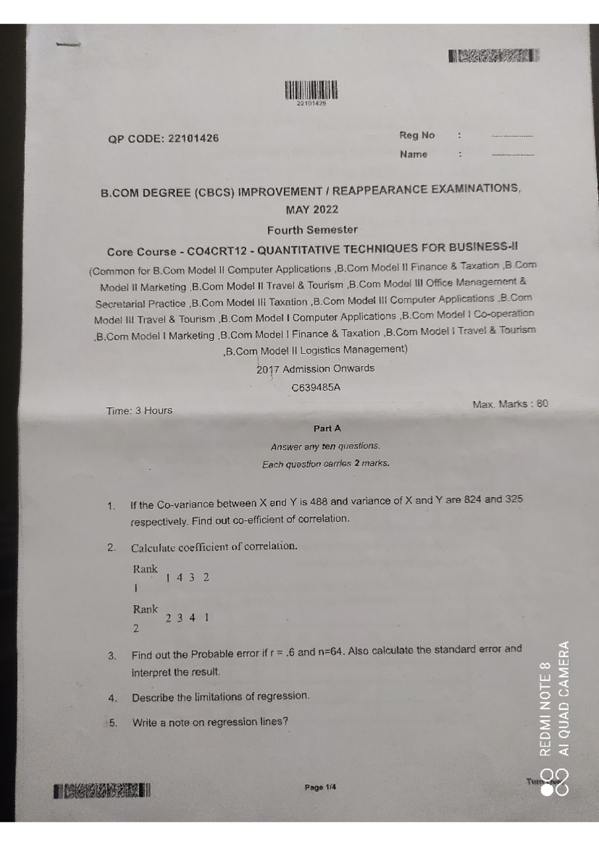 Q.T II ( MAY 2022 Q.P & Answer) - 22101426 QP CODE: 22101426 Reg No ...