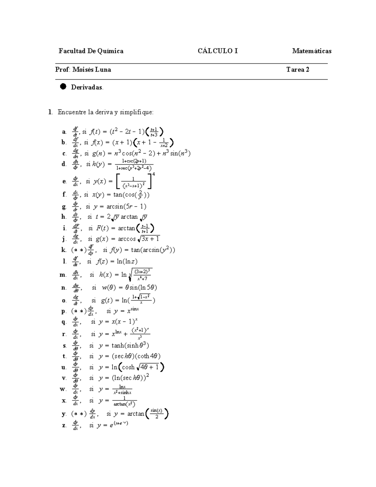 Tare A 2-derivadas - Ejercicios para practicar derivadas - Facultad De ...