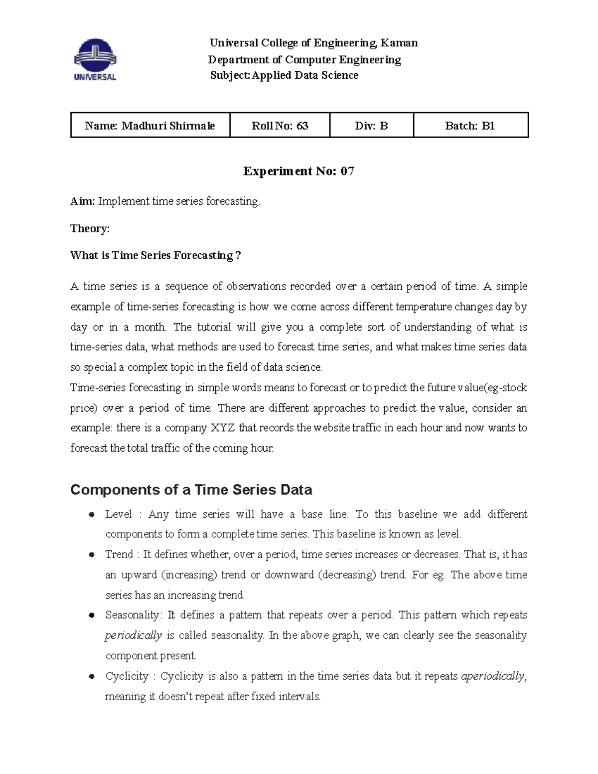 Exp7 Madhuri Shirmale 63 - Department of Computer Engineering Subject:Applied Data Science Name ...