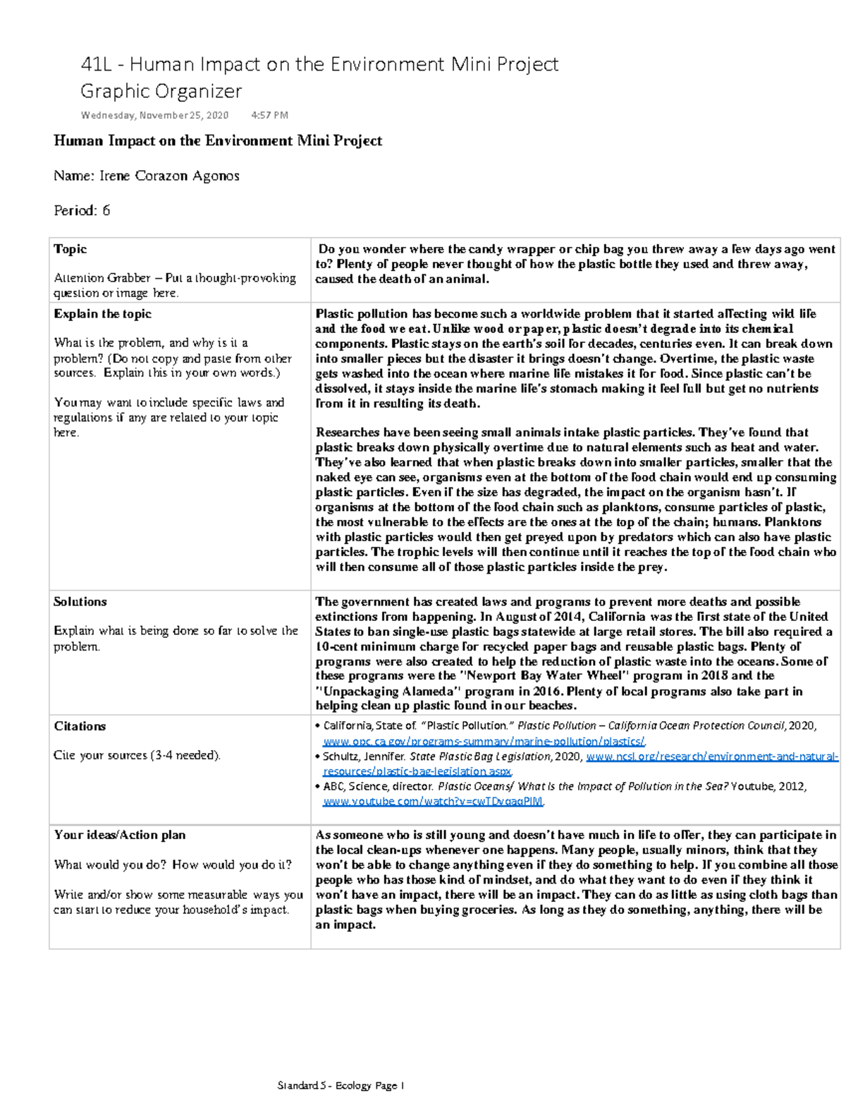 Human Impact on the Environment Mini Project Graphic Organizer - Human ...