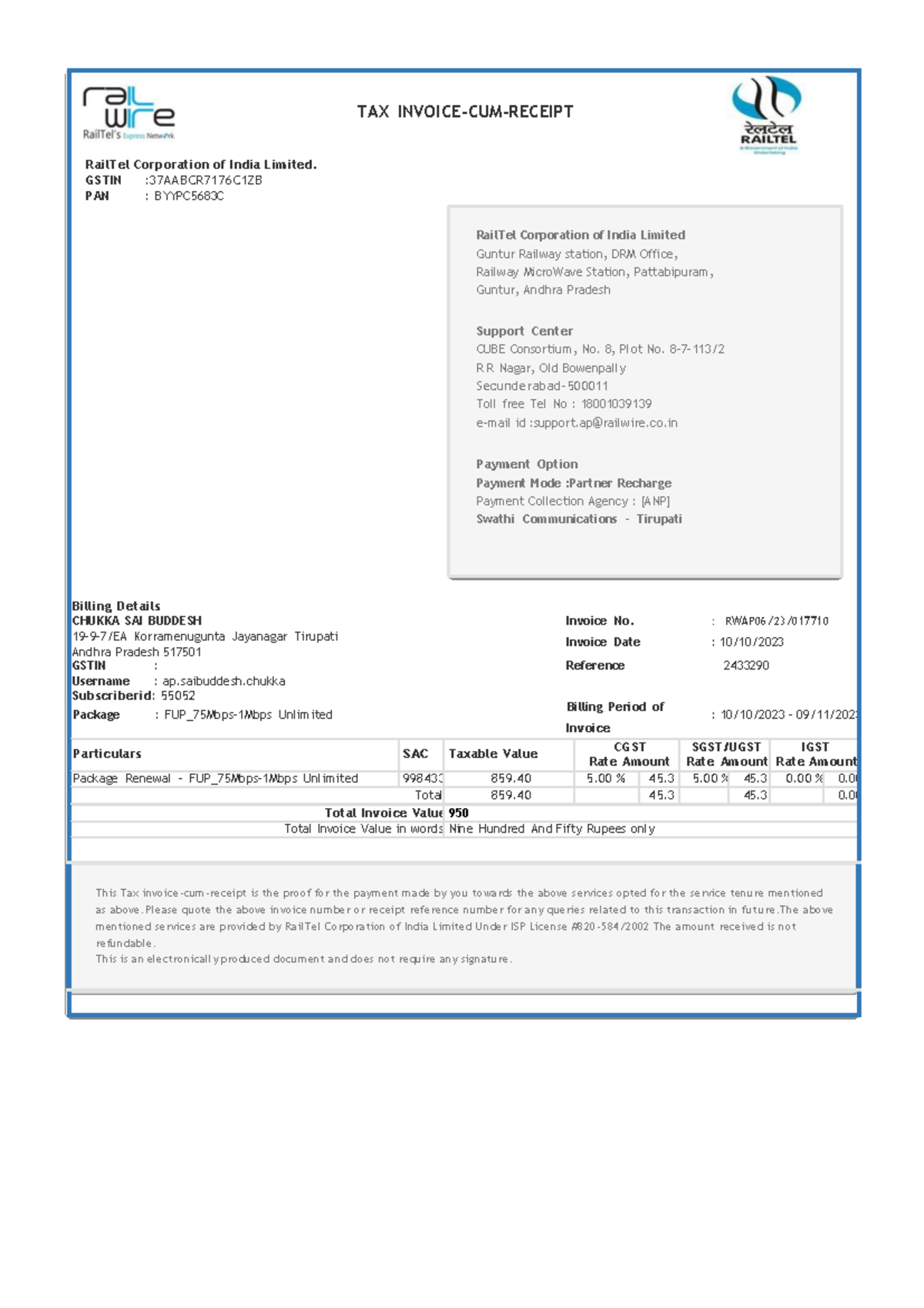 Wifi Bill October - huthk - TAX INVOICE-CUM-RECEIPT RailTel Corporation ...