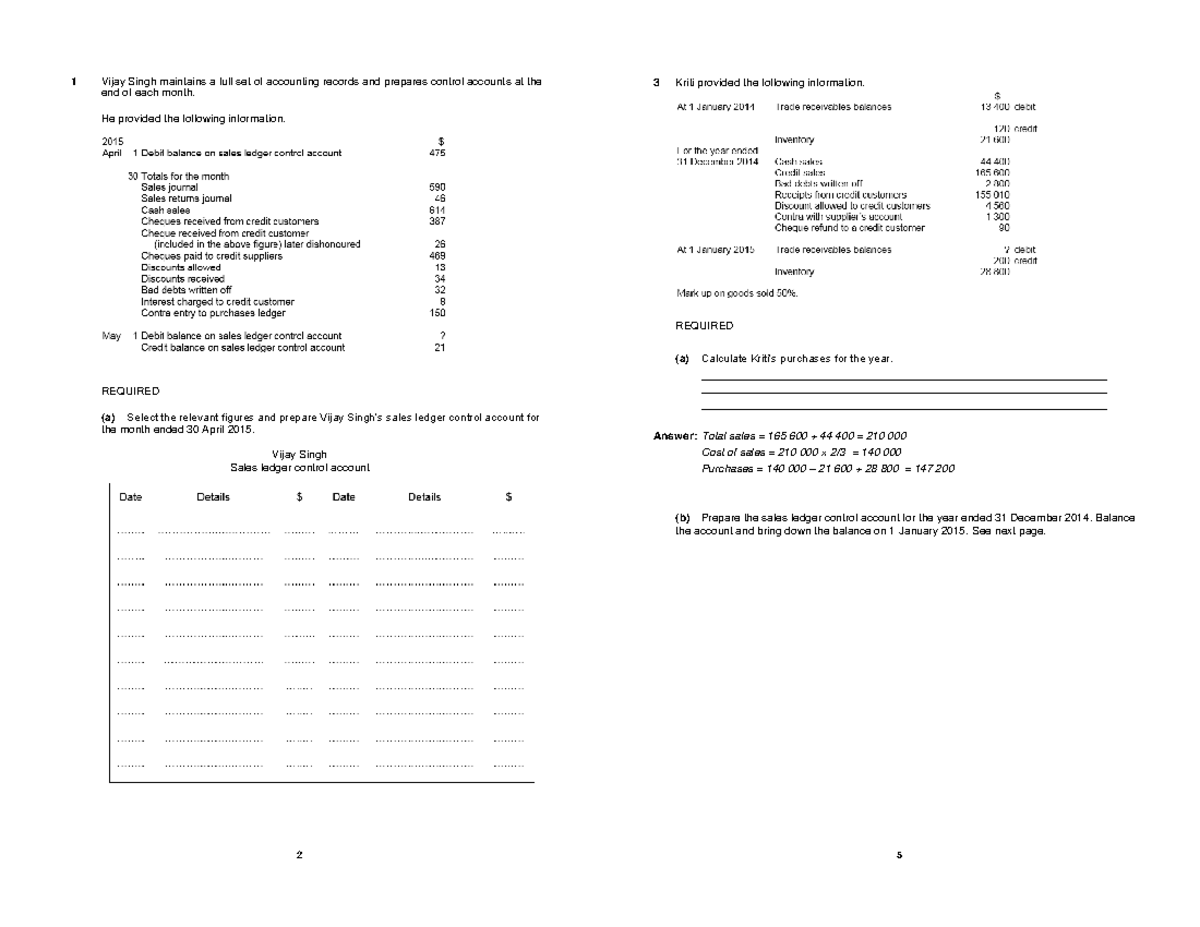 Igcse Accounting Control Accounts Questions Answers 1 Vijay Singh