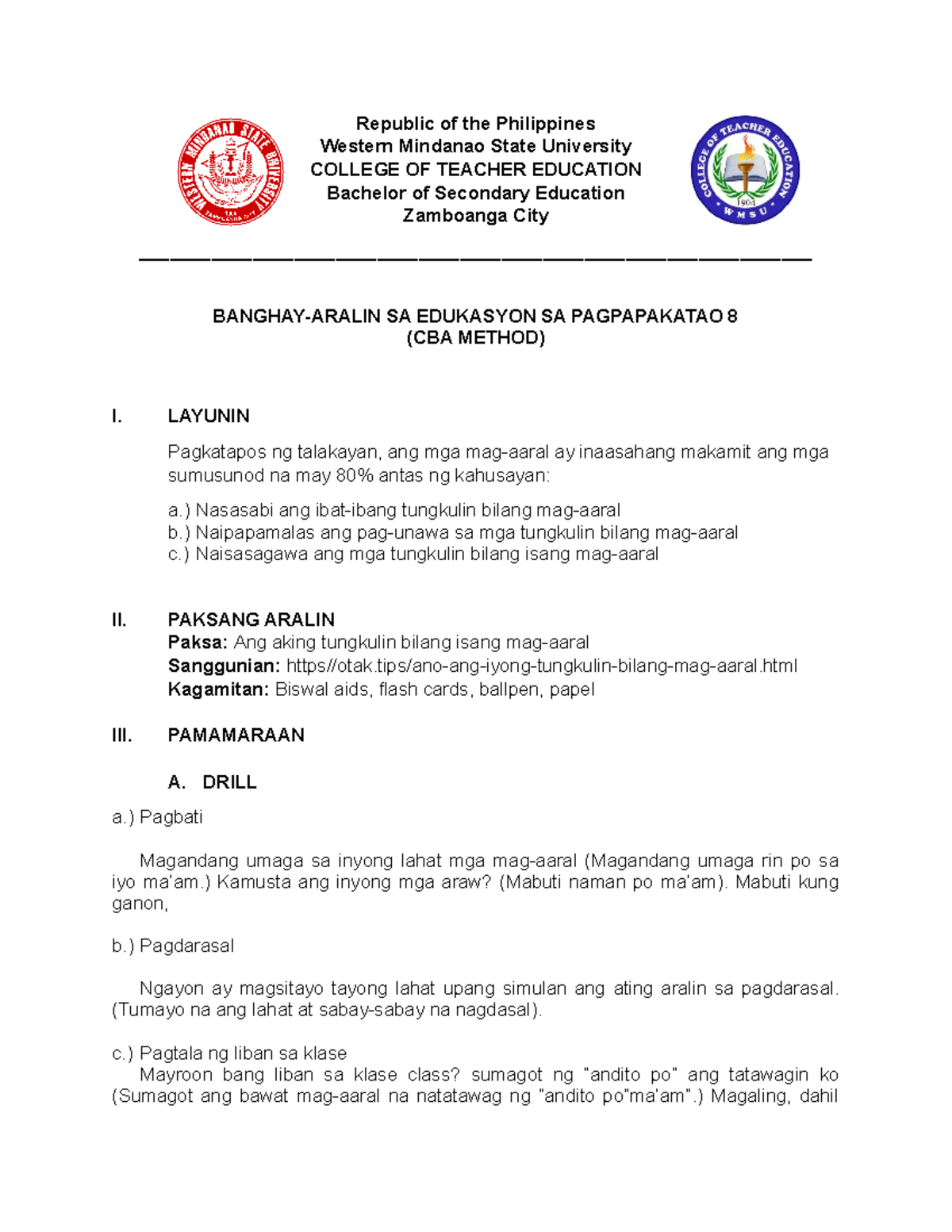 AYCO-CBA - LESSON PLAN CBA APPROACH - Republic of the Philippines ...