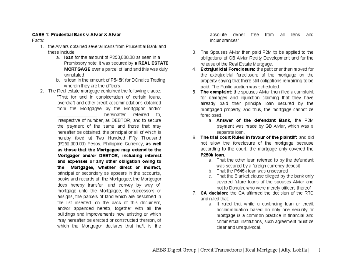 Docshare.tips credit-digest- 02 - CASE 1: Prudential Bank v. Alviar & Alviar Facts: 1. the - Studocu