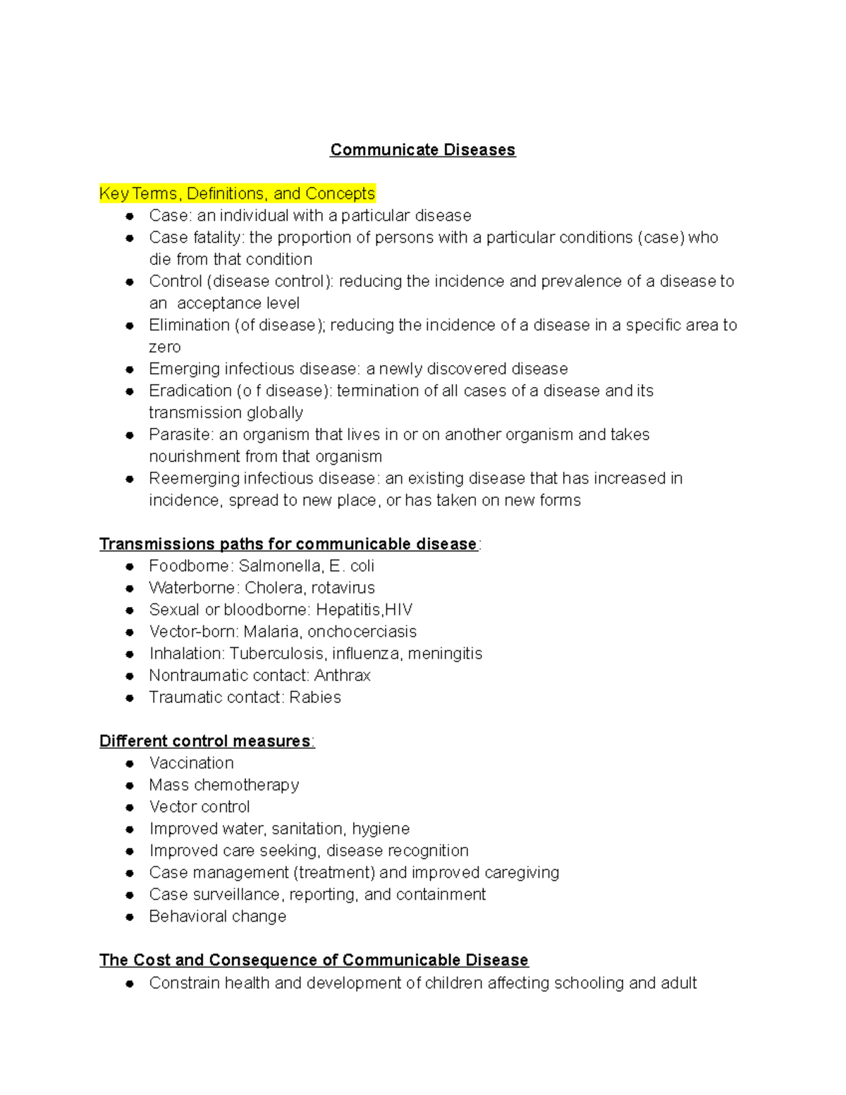 Global Public Health Notes Communicate Diseases Key Terms 4092