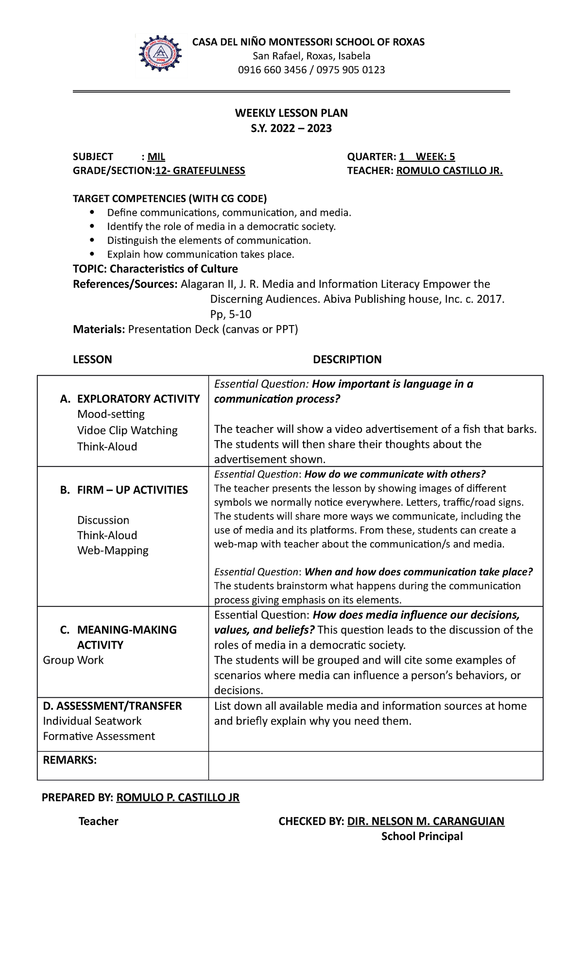 DLL MIL 5 - xDaily Lesson Log - CASA DEL NIÑO MONTESSORI SCHOOL OF ...