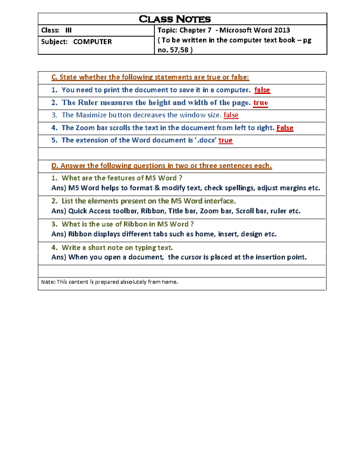 3- Computer - Class Notes Class: III Topic: Chapter 7 - Microsoft Word ...