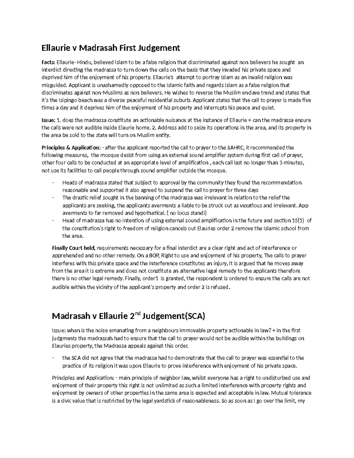 Case Summaries Property Nuisance Law - Ellaurie v Madrasah First ...