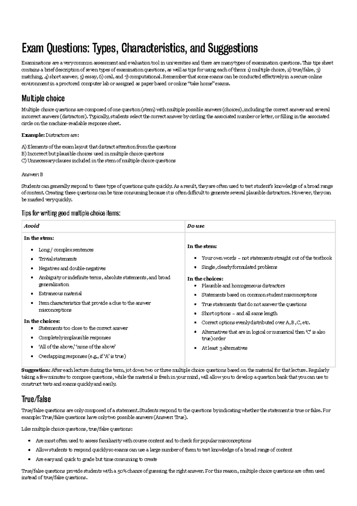 Exam Questions Types, Characteristics, and Suggestions Centre for ...