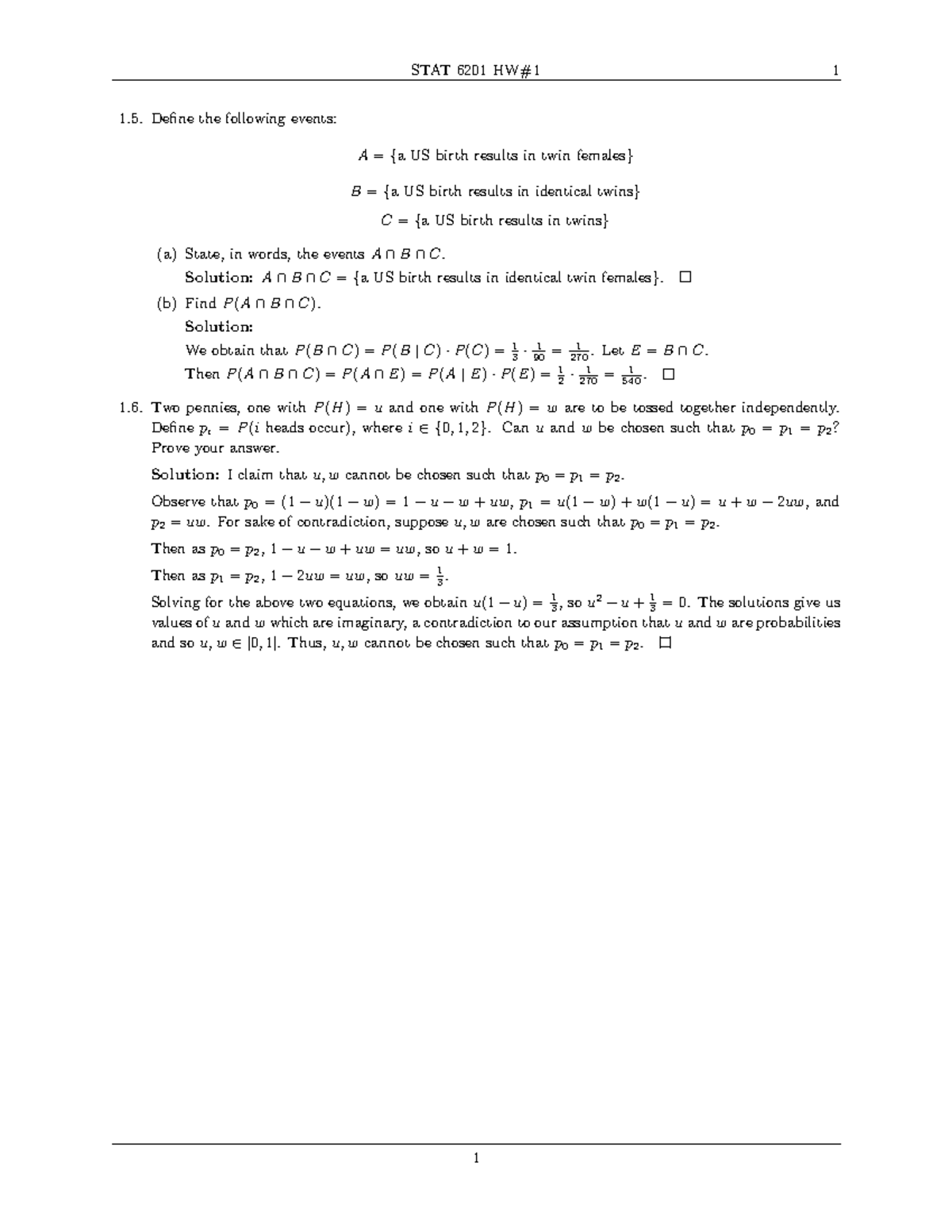 6201 Hw1 Homework 1 Stat 6201 Hw 1 1 Define The Following Events A {a Us Birth Results In