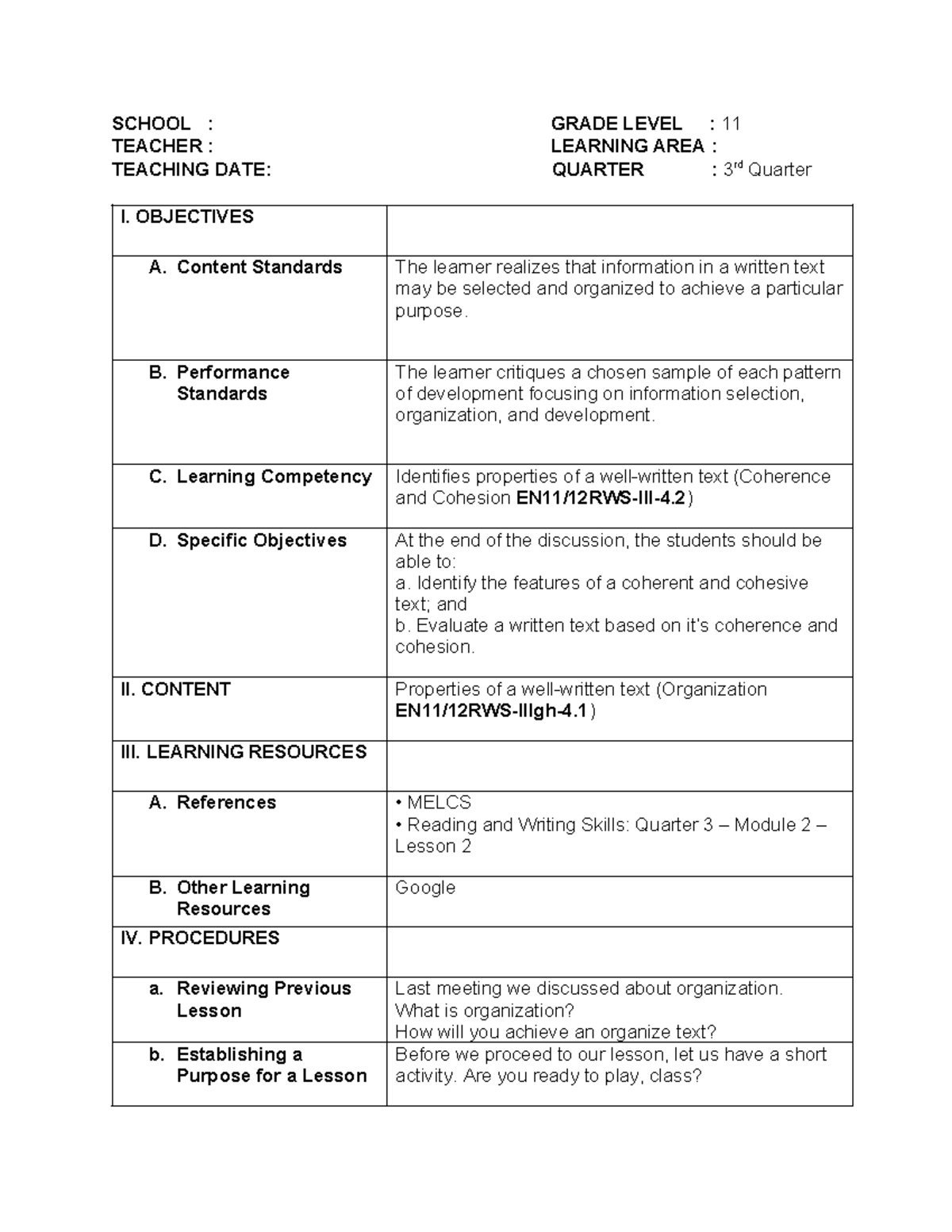 Module 2 Lesson 2 - SCHOOL : GRADE LEVEL : 11 TEACHER : LEARNING AREA ...