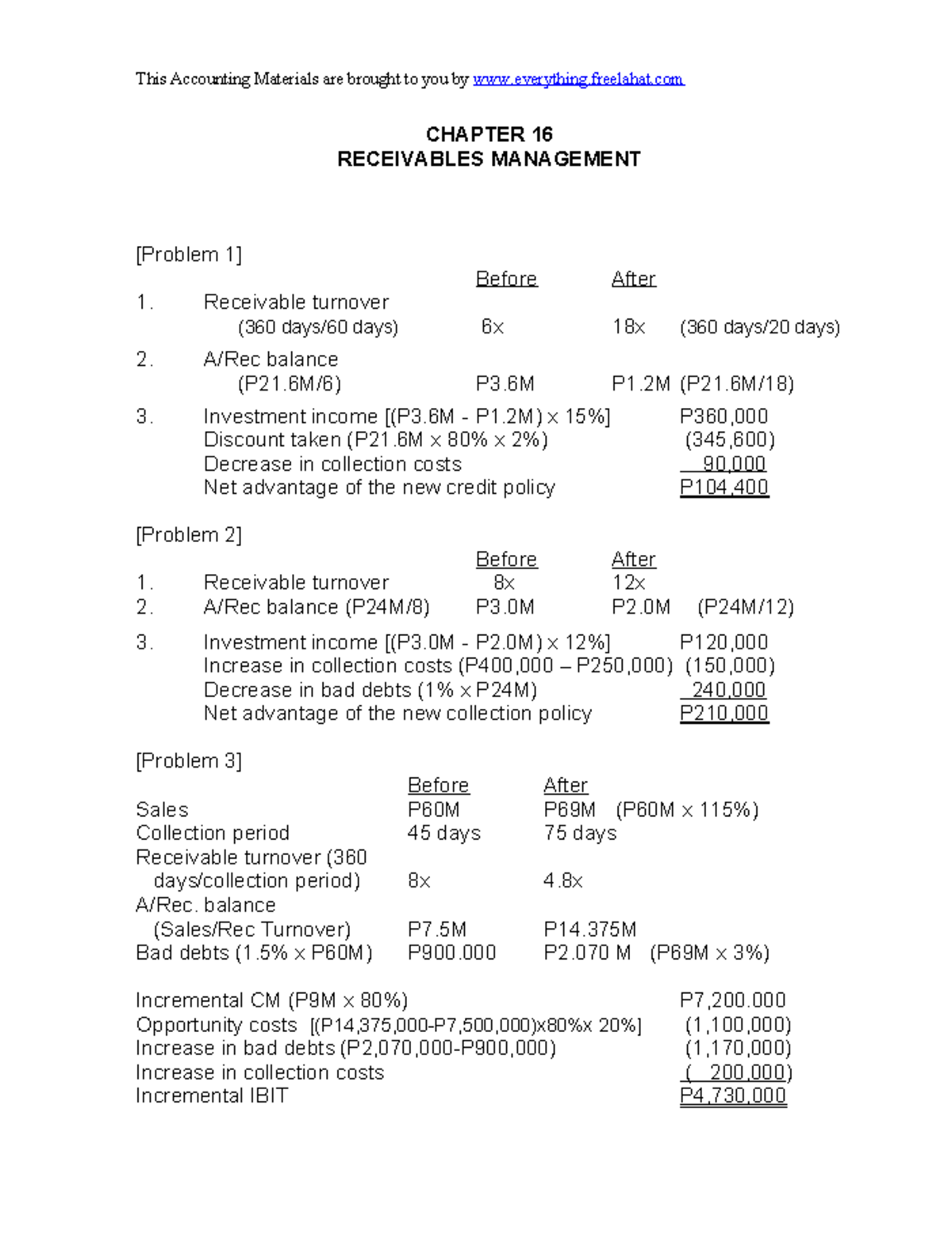 Chapter-16 receivables management - CHAPTER 16 RECEIVABLES MANAGEMENT [Problem 1] Before After ...