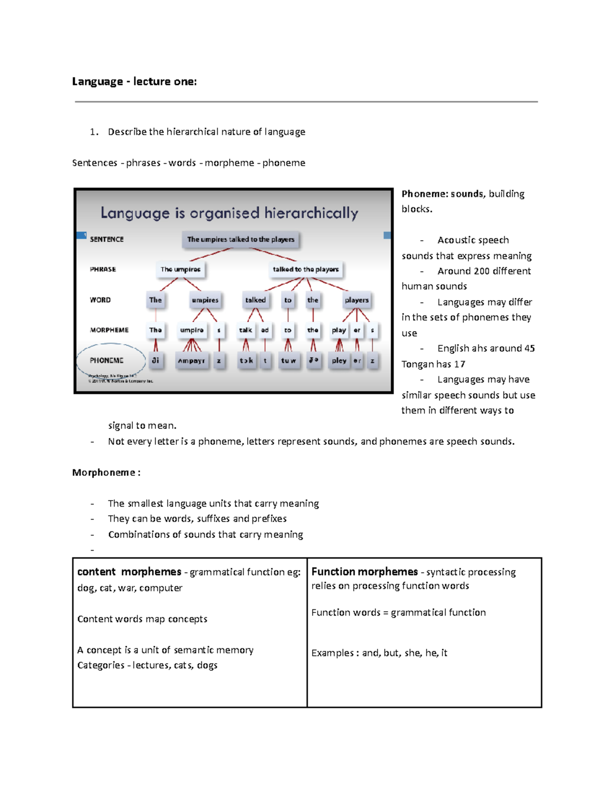 WEEK 8 - Language - Language - lecture one: Describe the hierarchical nature of language ...