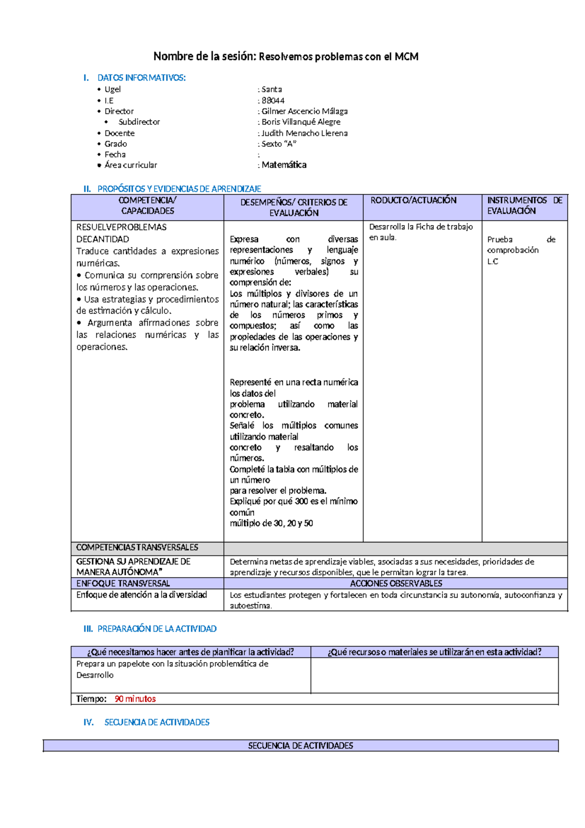 SESION DE RESOLUCION DE PROBLEMAS CON MINIMO COMUN MULTIPLO PARA EDUCACION PRIMARIA - Nombre de ...