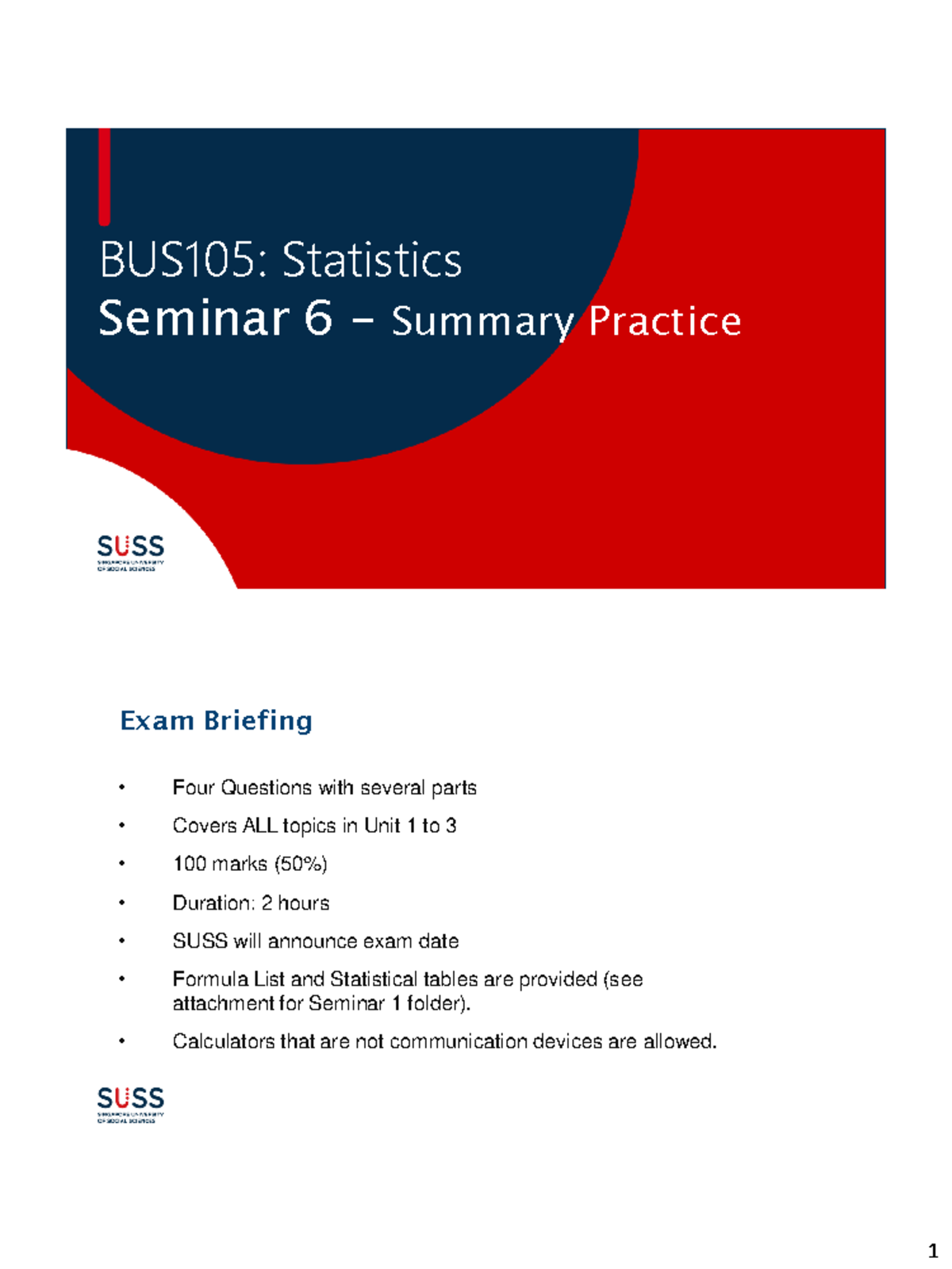 Seminar 6 Student Copy SUSS - BUS105: Statistics Seminar 6 – Summary ...
