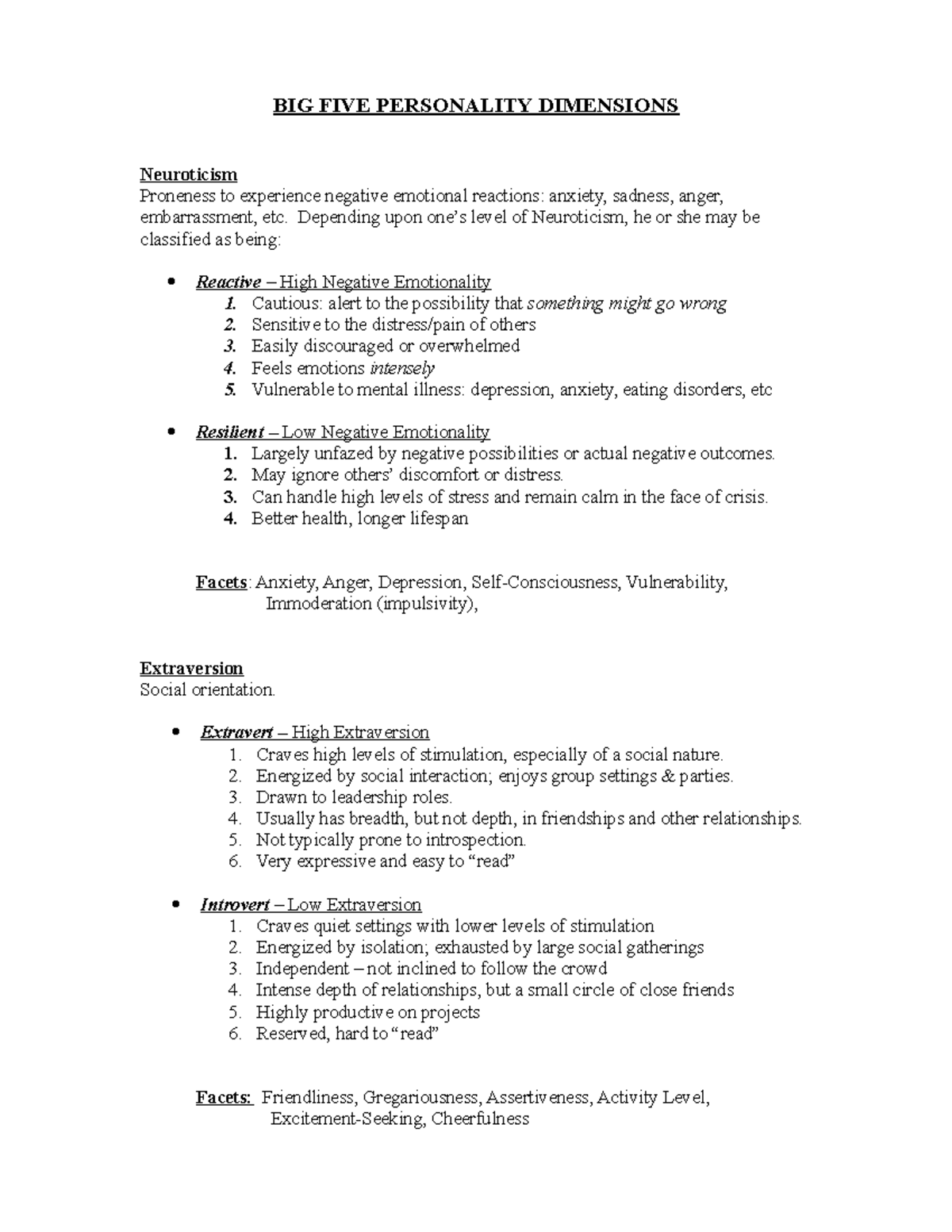 Big 5 Descriptions - BIG FIVE PERSONALITY DIMENSIONS Neuroticism ...