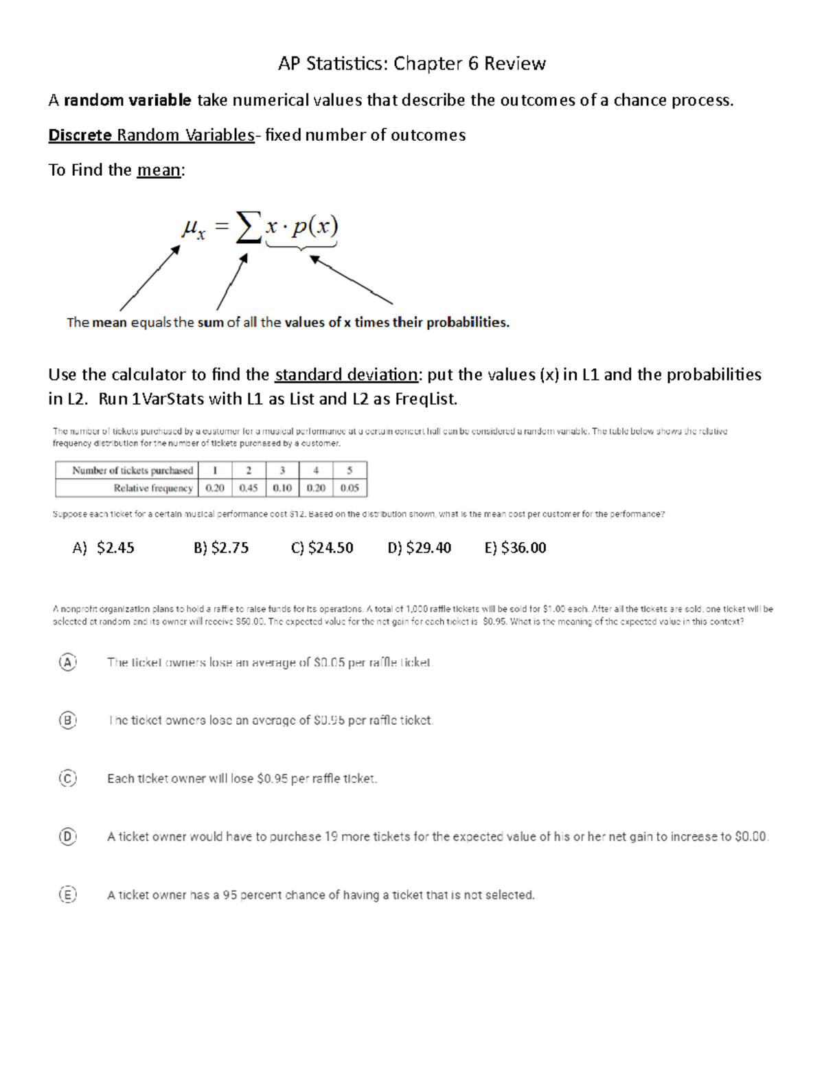 Chapter 6 Review - AP Statistics: Chapter 6 Review A random variable ...