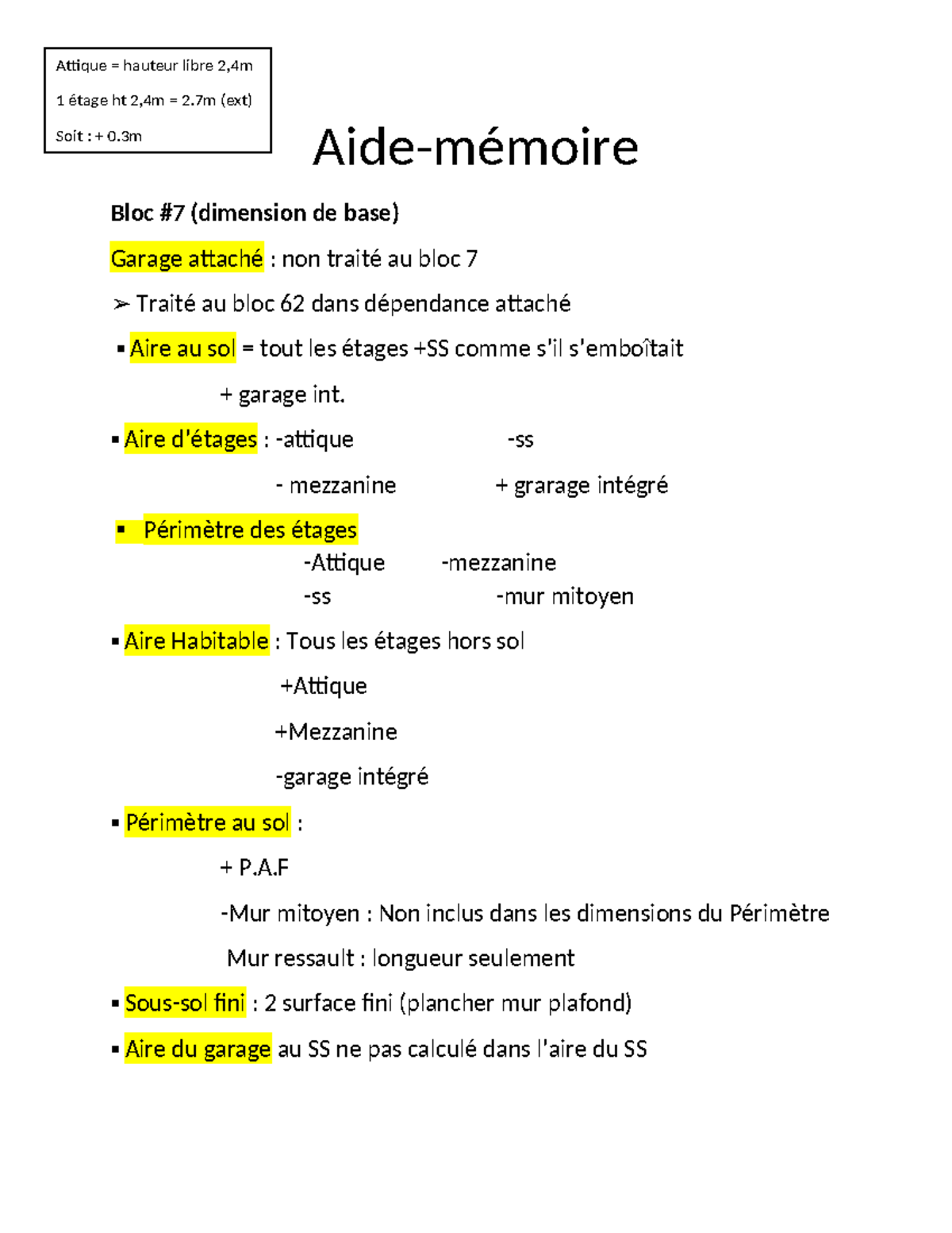 Aide mémoire résidentiel - Aide-mémoire Bloc #7 (dimension de base ...