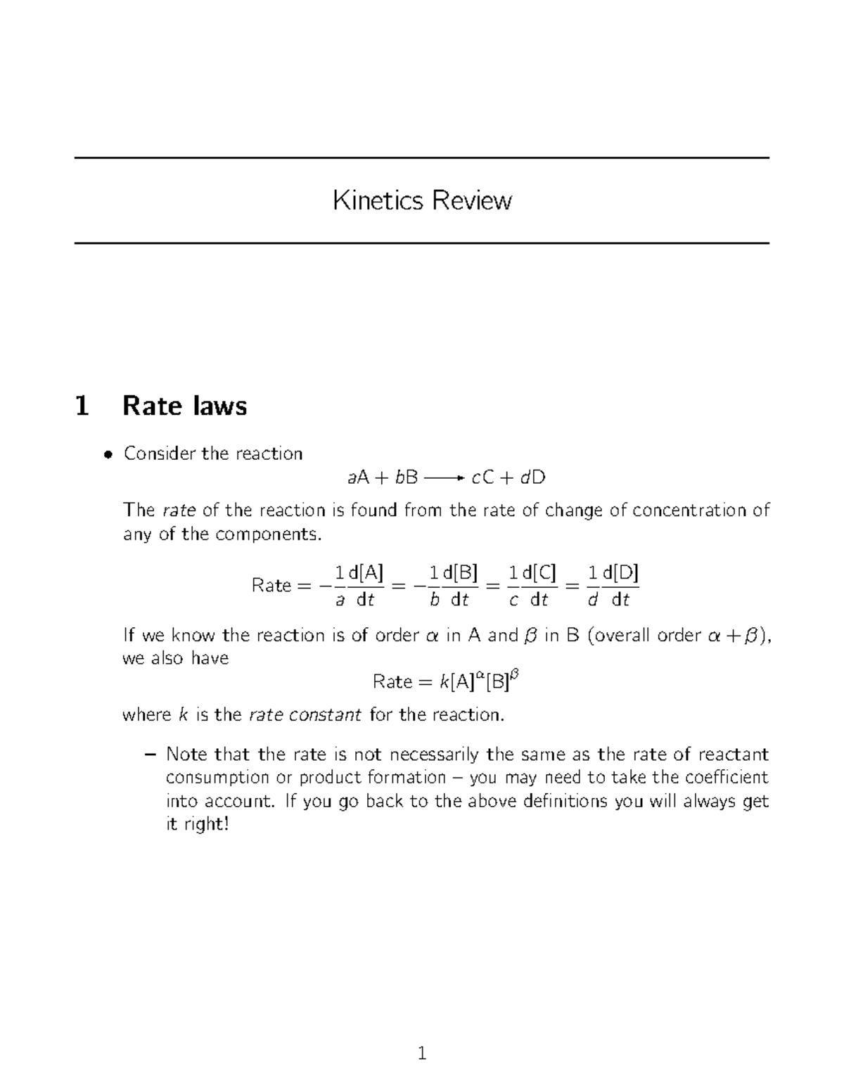 Kinetics Review Notes - Kinetics Review 5 Final Exam 1 Rate laws ...