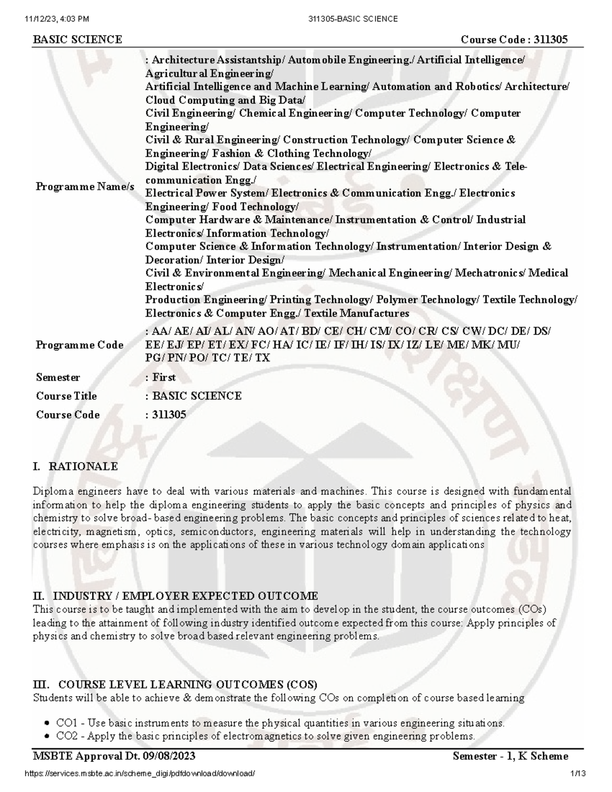 311305-Basic Science Syllabus BSC Msbtepdf - BASIC SCIENCE Course Code : 311305 Semester - 1, K ...